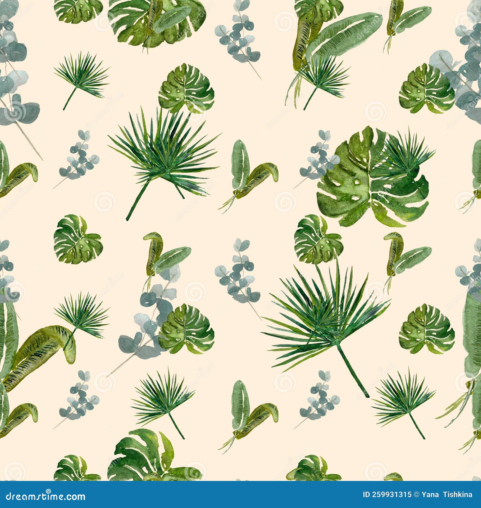 Seamless Palm Eucalyptus a Beige Ornate Pattern Stock Illustration ...