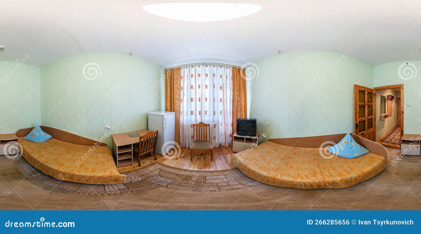 Seamless 360 Panorama in Interior of Bedroom of Cheap Hostel, Flat or ...