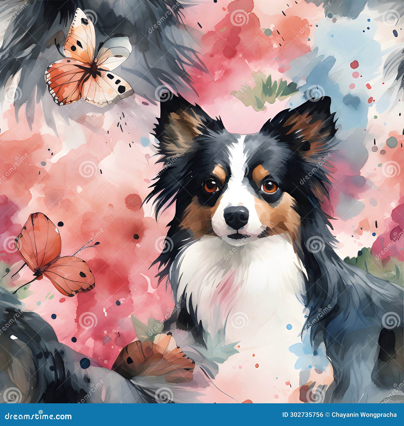 Seamless Papillon Watercolor Dog Pattern. AI Generated Stock ...