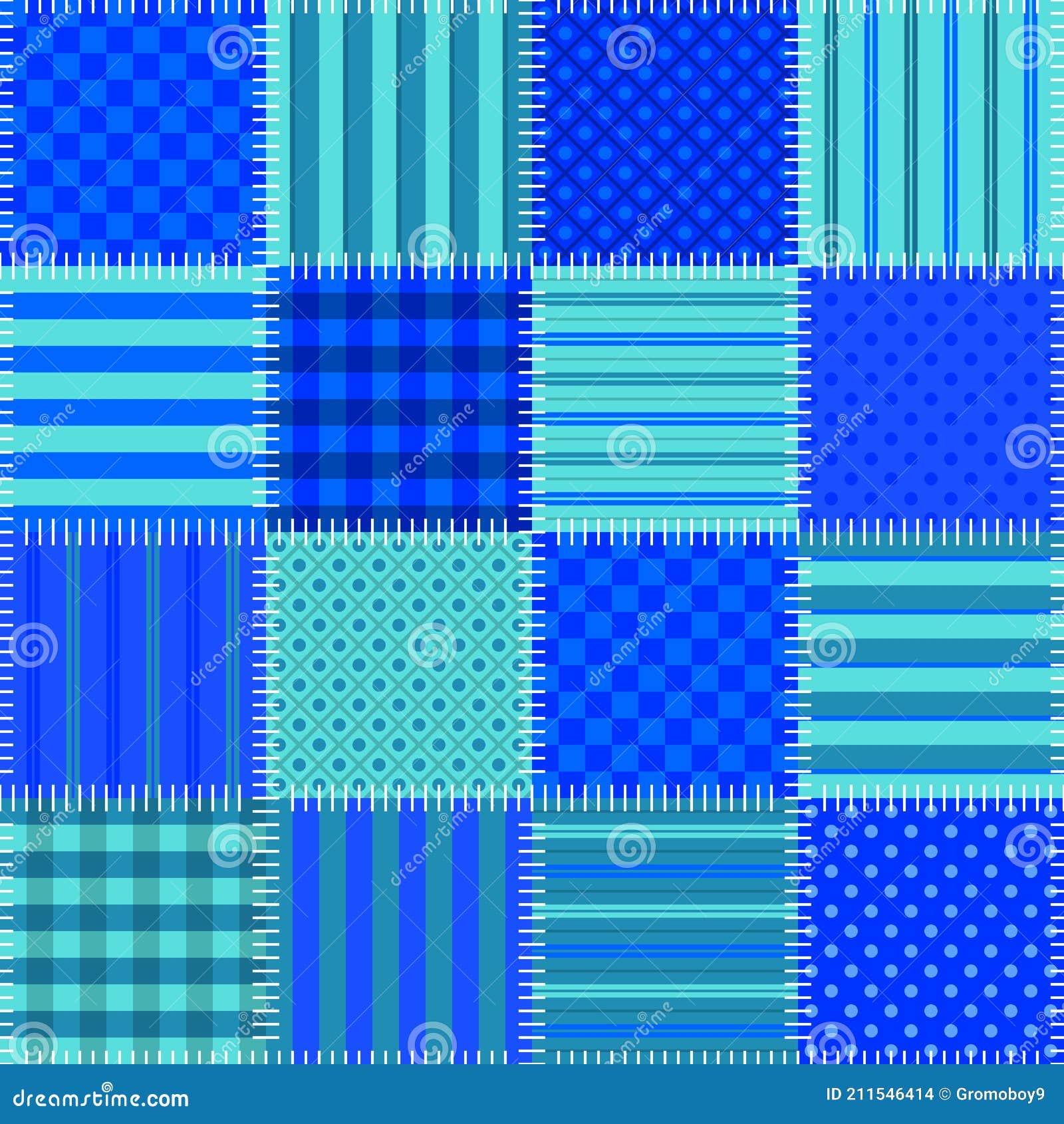 Seamless Patchwork from Geometric Patterns in Blue Colors. Vector ...