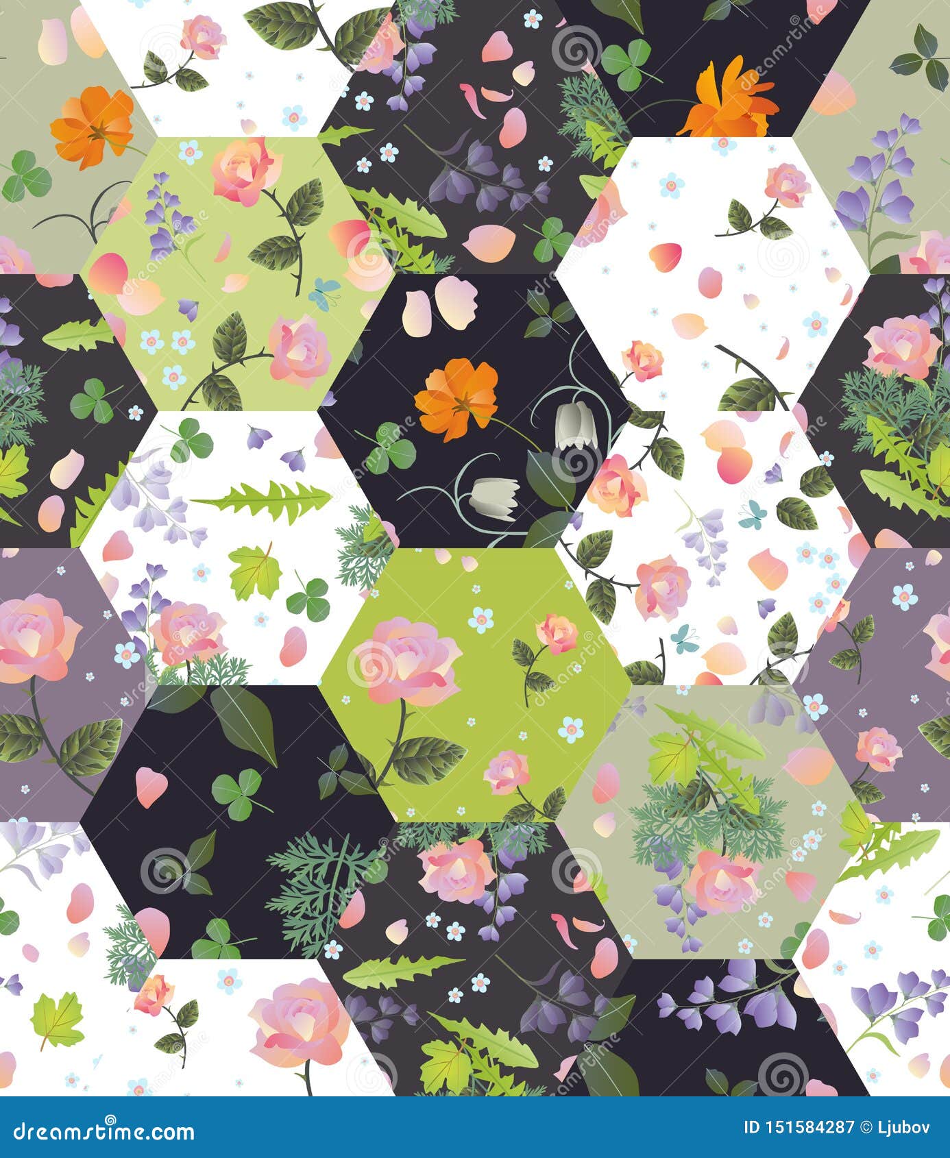 Seamless Patchwork Pattern with Beautiful Summer Flowers and Leaves ...