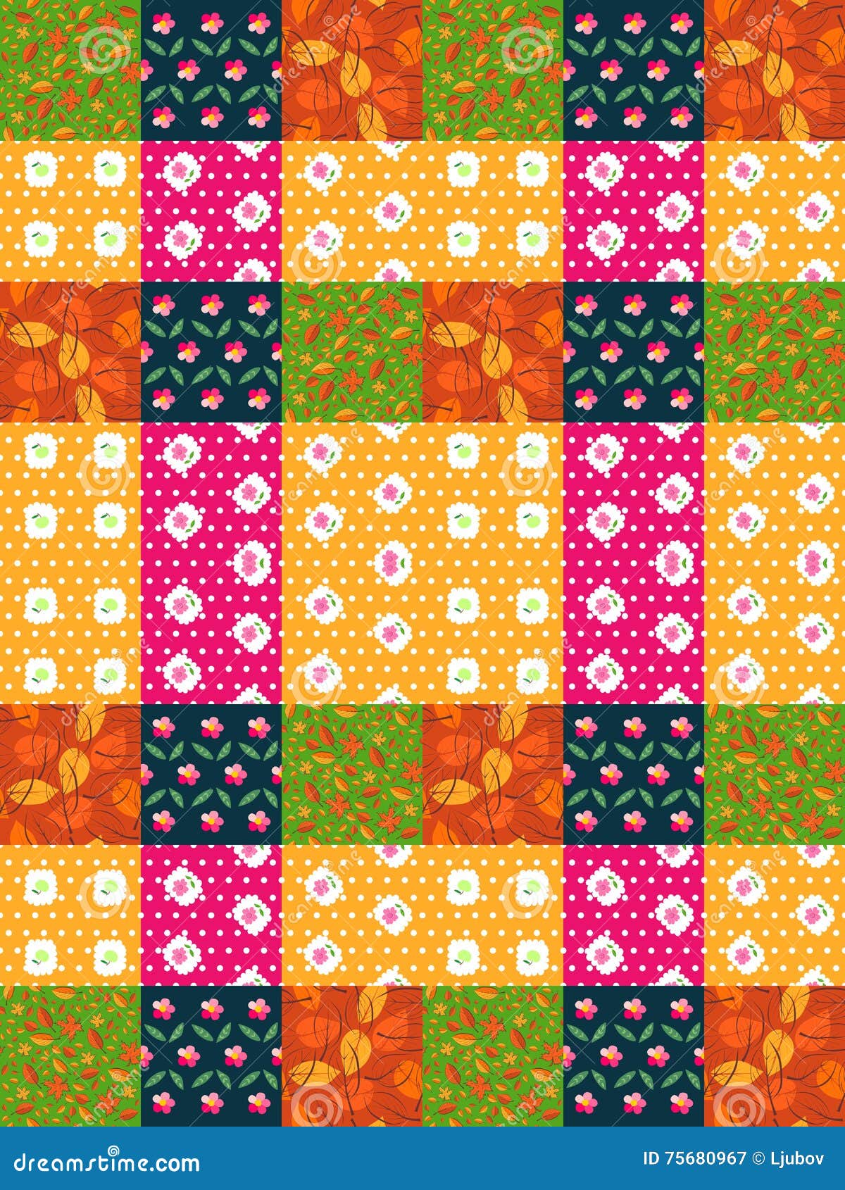Seamless Patchwork Pattern from Bright Colorful Patches with Leaves and ...
