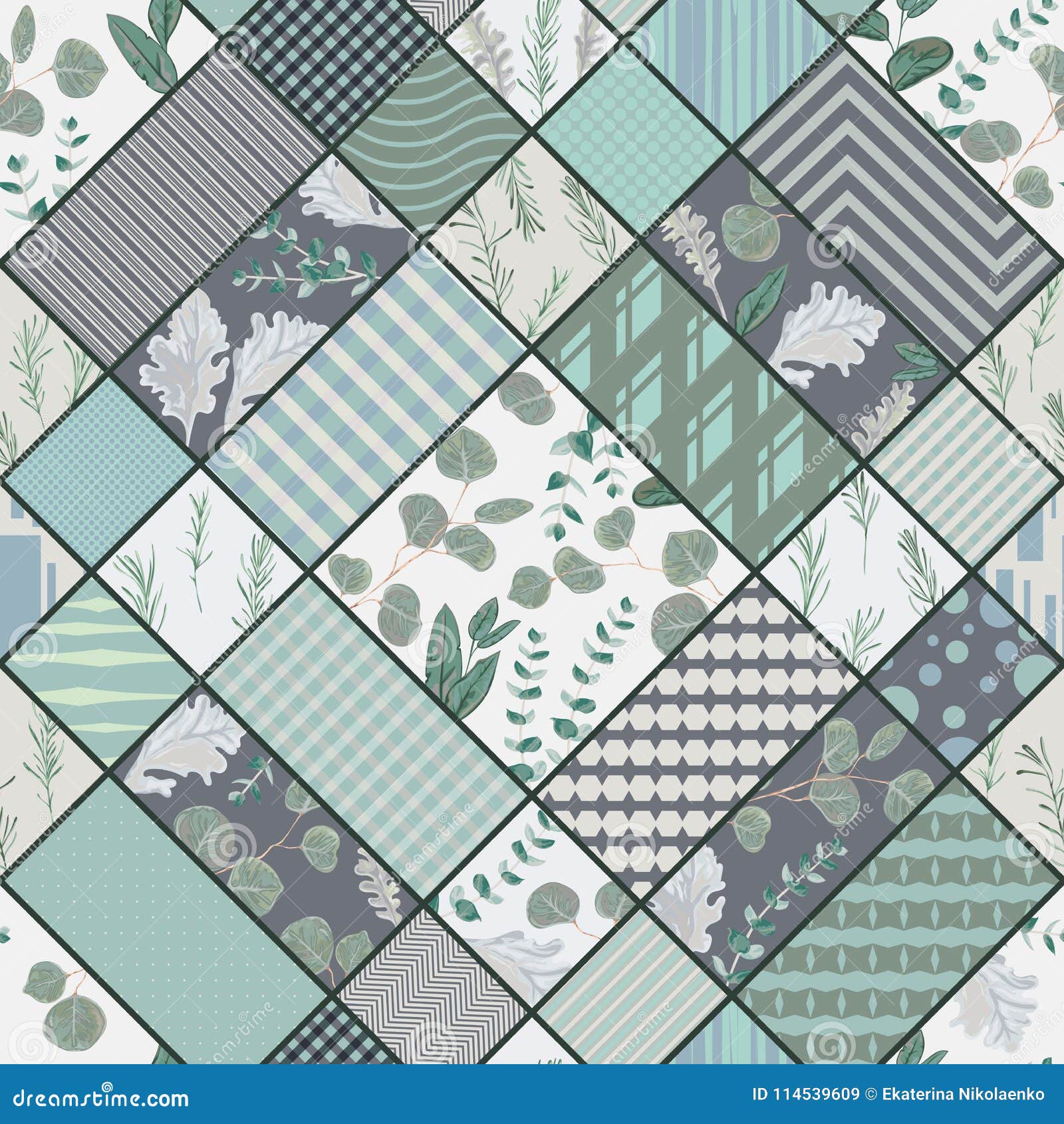Seamless Patchwork Pattern with Collection of Leaves and Geometric ...