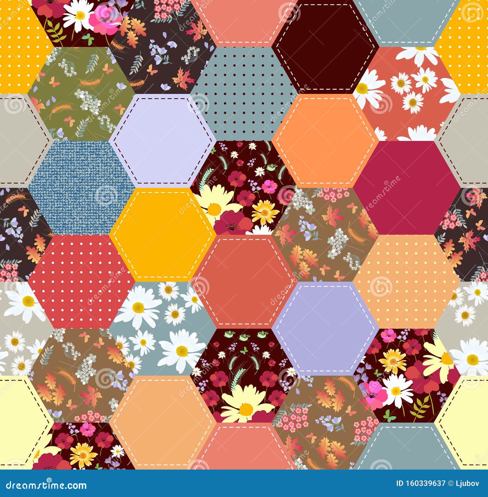 Seamless Patchwork Pattern from Colorful Hexagon Patches with Flowers ...