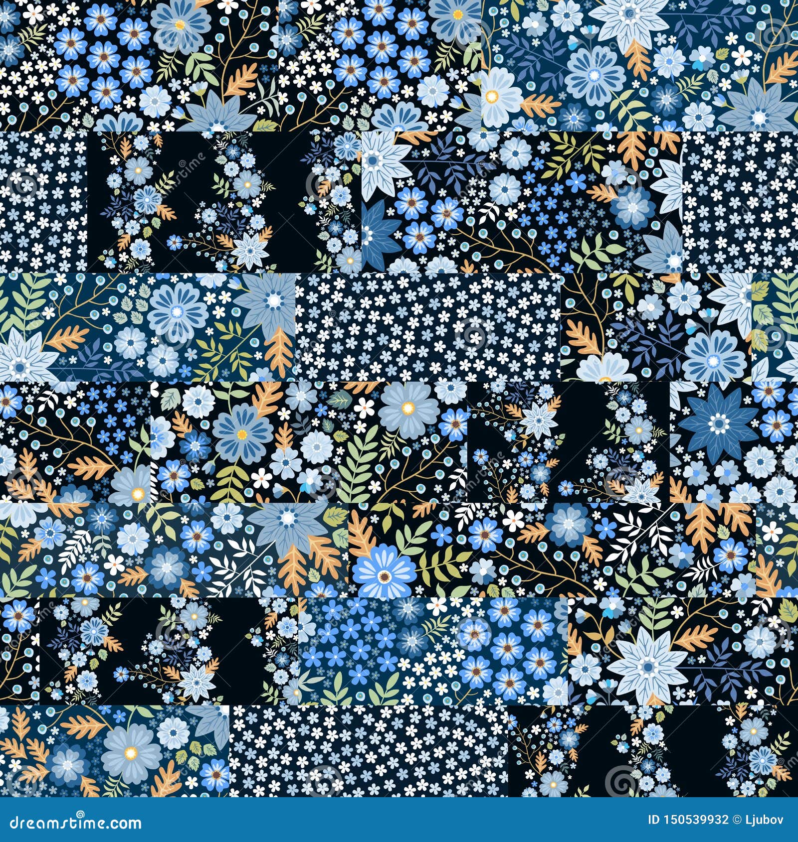 Seamless Patchwork Pattern from Different Fabrics with Blue Flowers ...