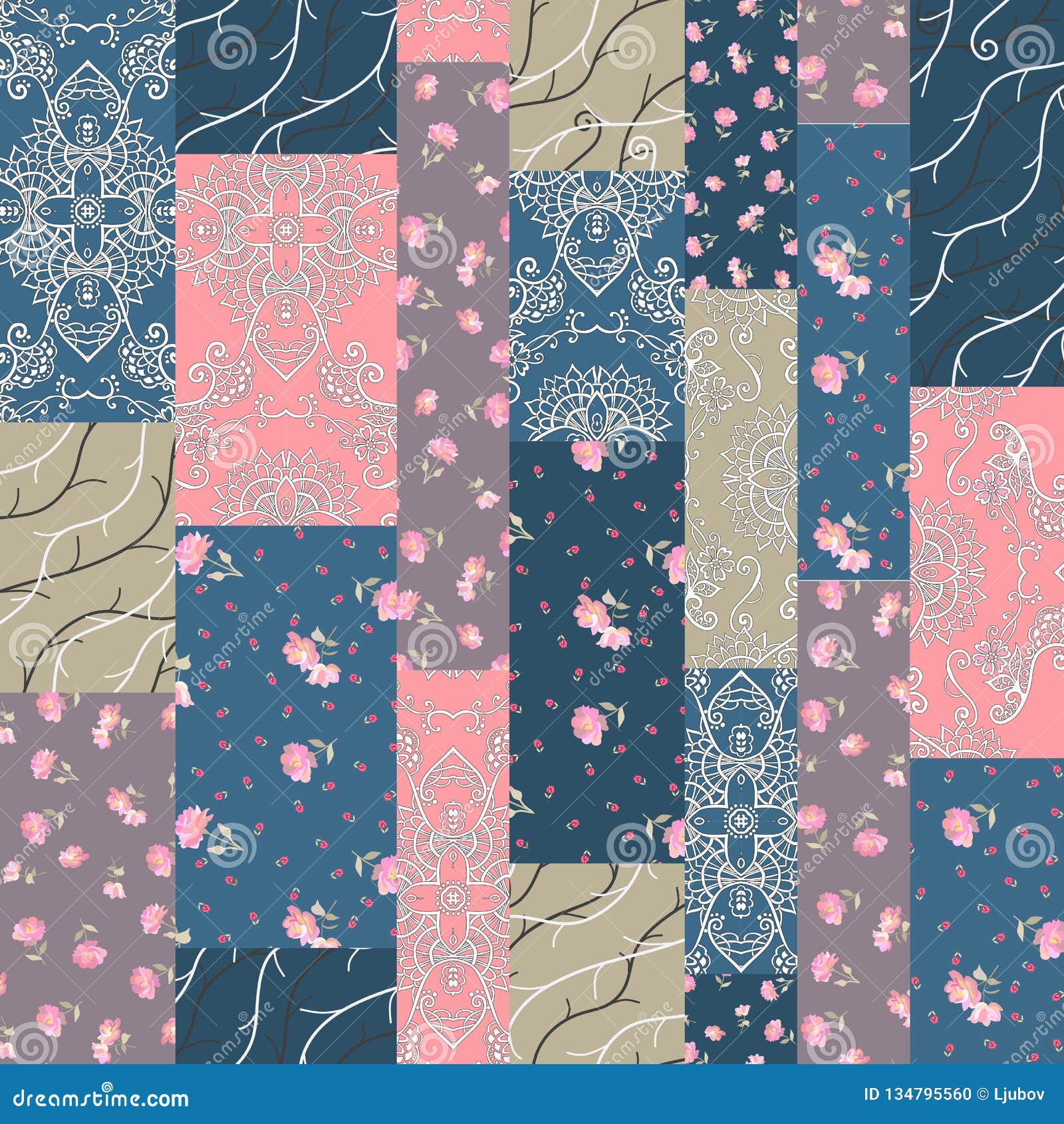 Seamless Patchwork Pattern from Different Patches with Pink Flowers ...