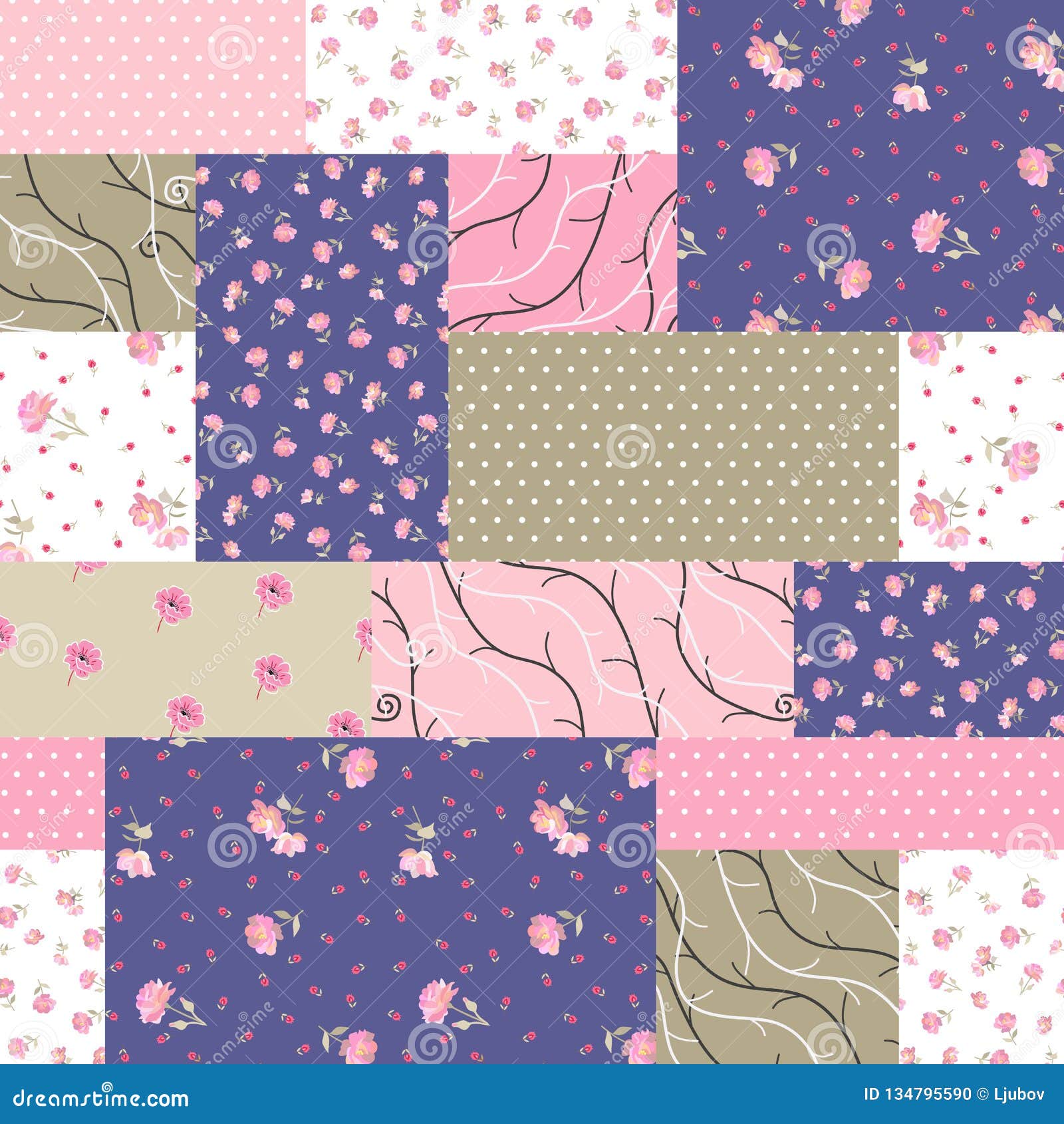 Seamless Patchwork Pattern from Different Patches with Pink Flowers ...