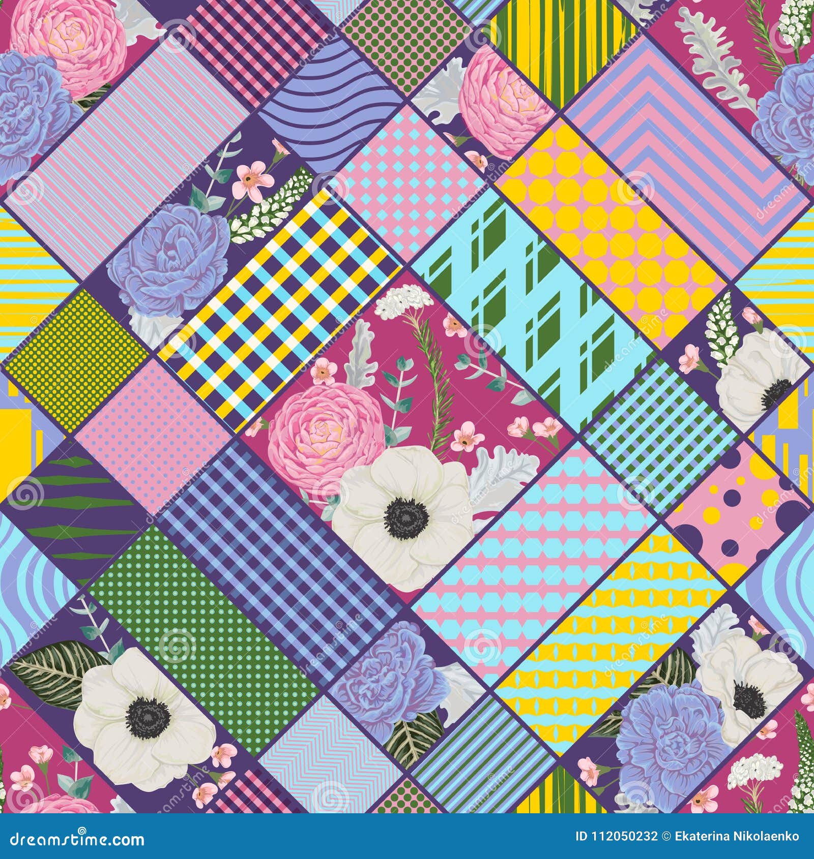 Seamless Patchwork Pattern With Flowers And Geometric Ornament Stock