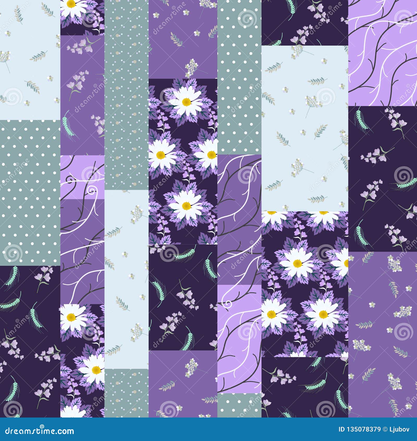 Seamless Patchwork Pattern with Flowers and Polka Dot Ornament. Vector ...