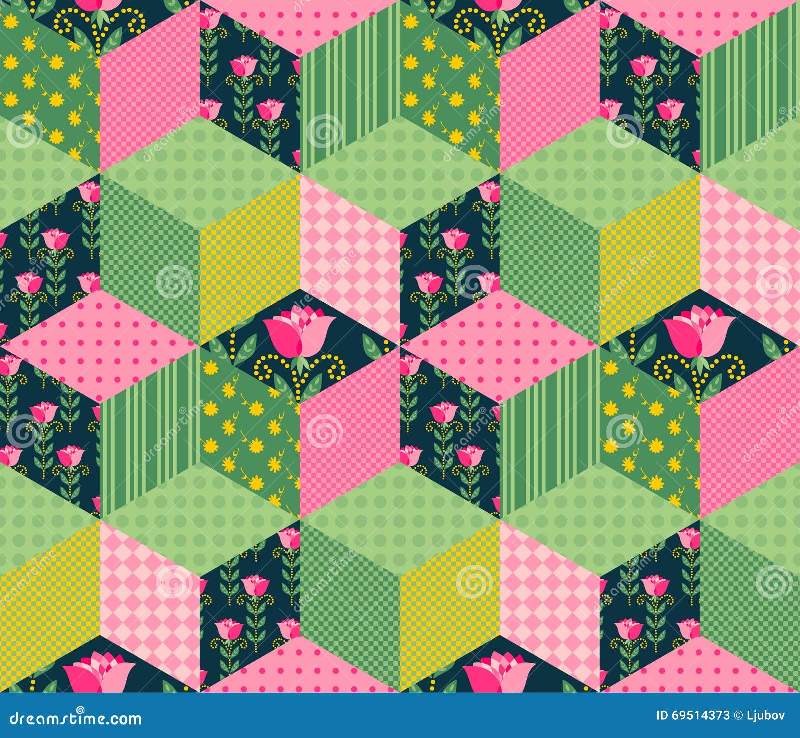 Seamless Patchwork Pattern with Green, Pink and Floral Patches. Stock ...