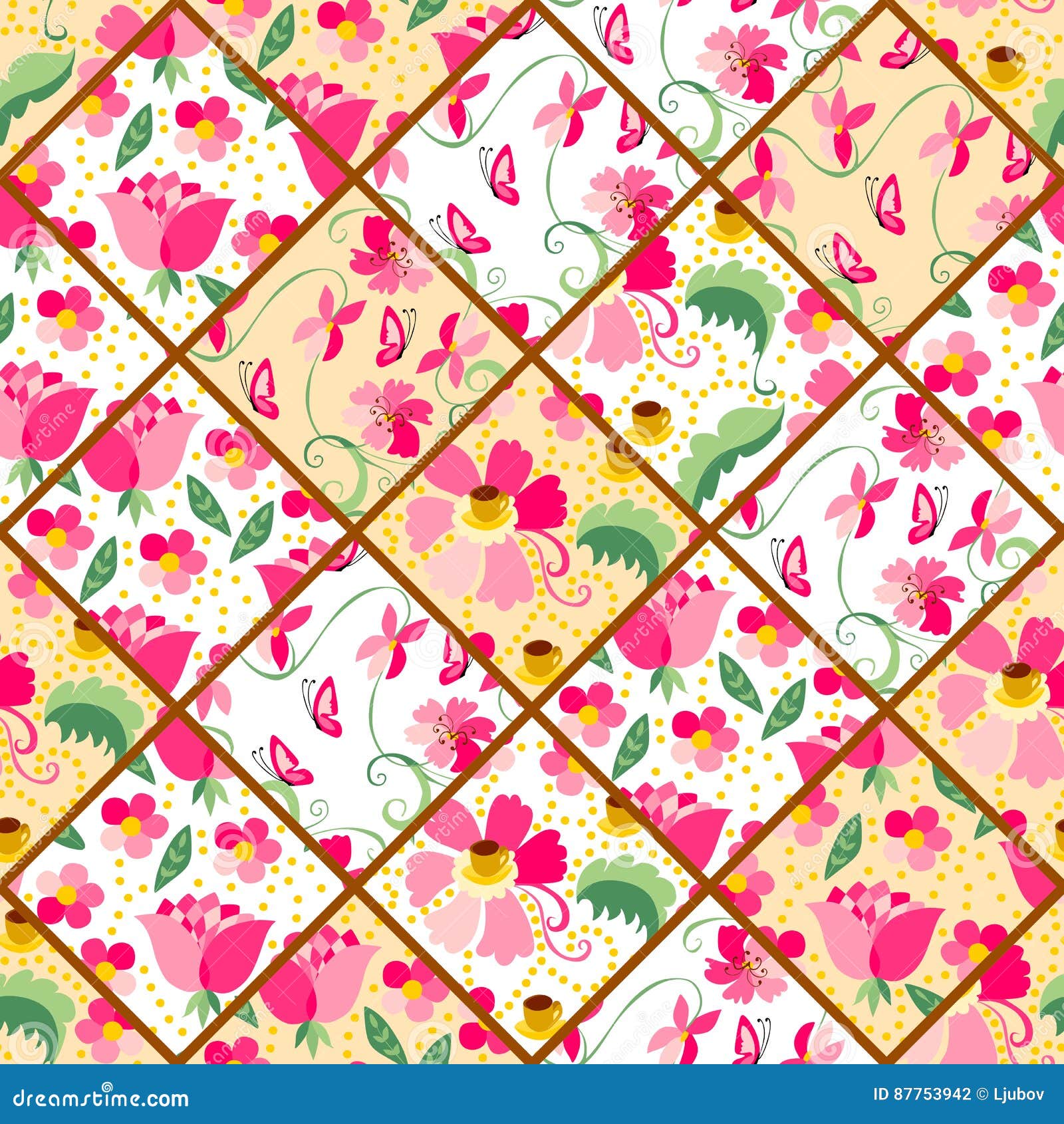 Seamless Patchwork Pattern with Pink Flowers Stock Vector ...