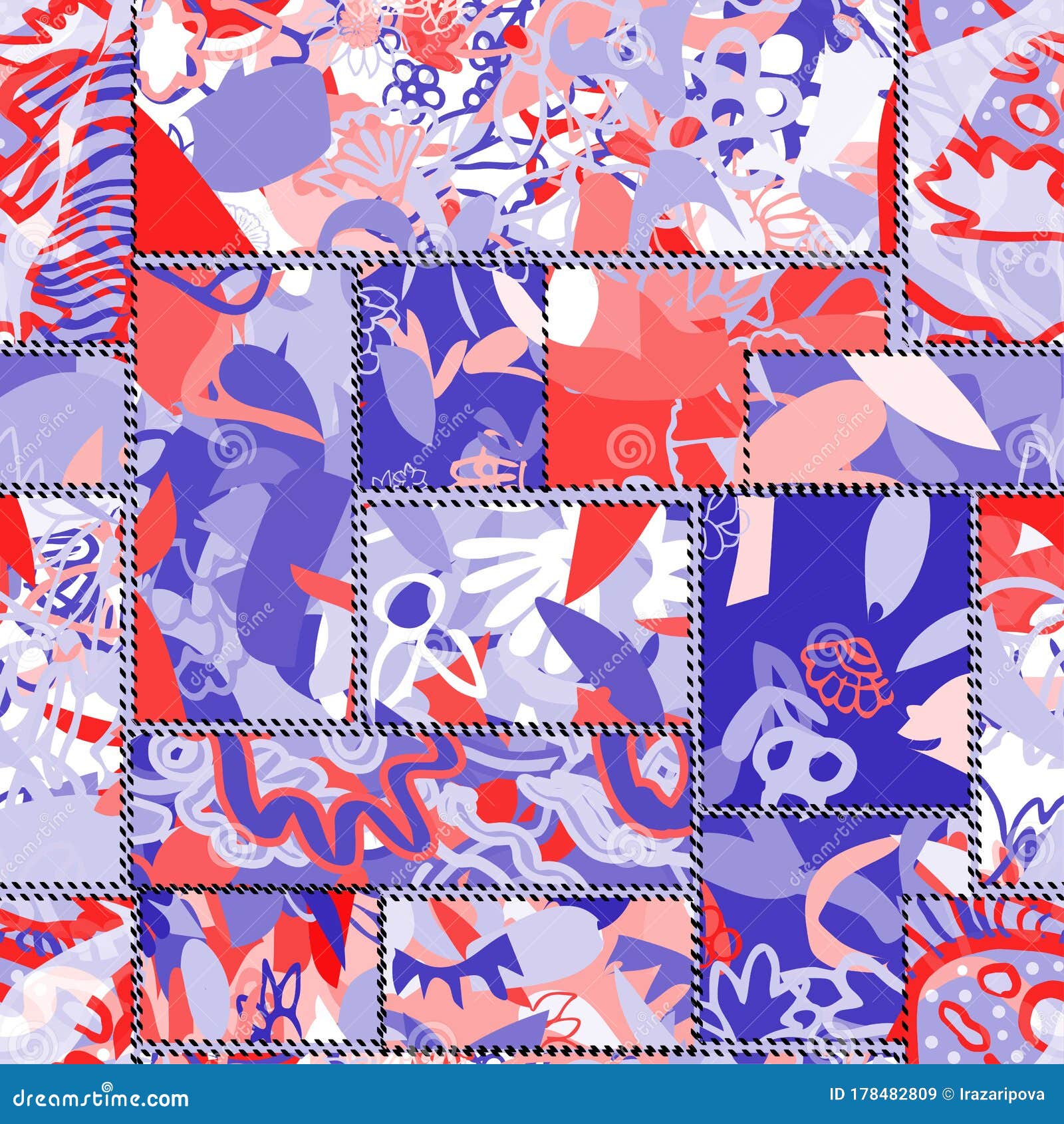 Seamless Patchwork Pattern with Roses.Abstract Collage Asymmetric ...