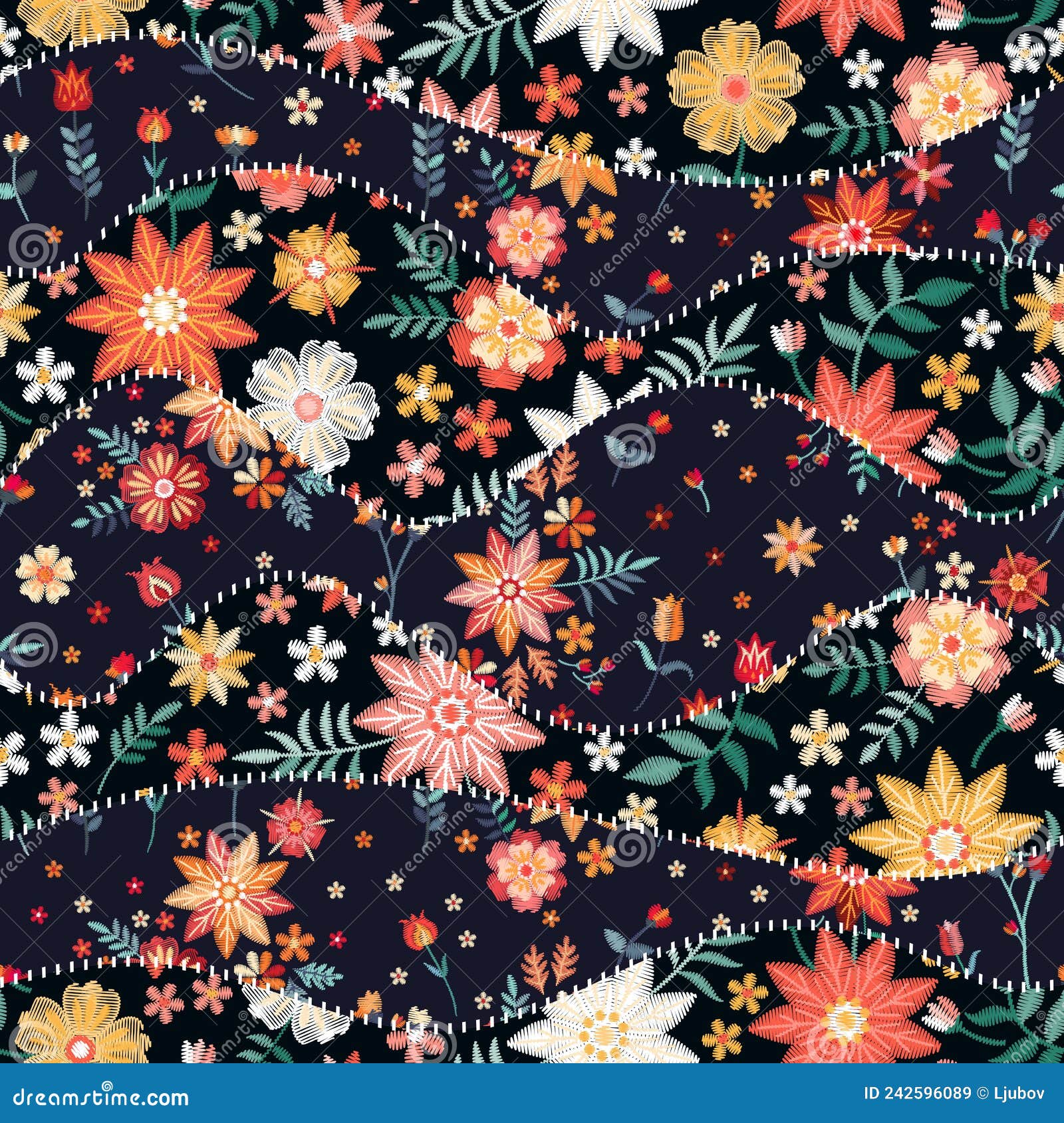 Seamless Patchwork Pattern of Wavy Patches with Embroidery Flowers ...