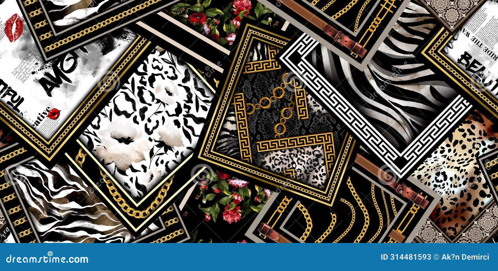 Seamless Patchwork Pattern. Zebra, Leopard, Chain and Flower Collage Pattern. Textile Print ...