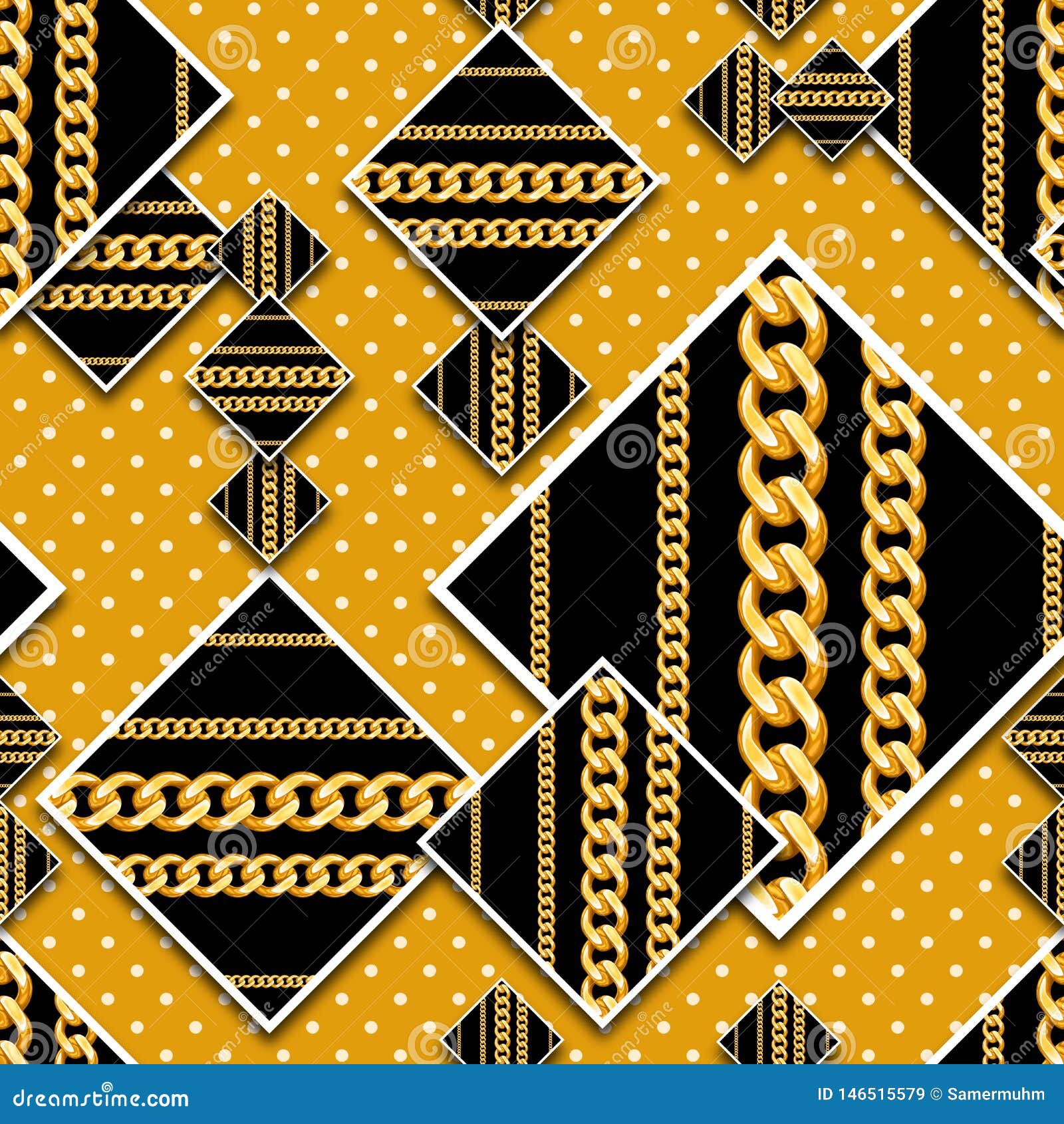 Seamless Patchwork Square Chains Pattern with Dots on Yellow Background ...