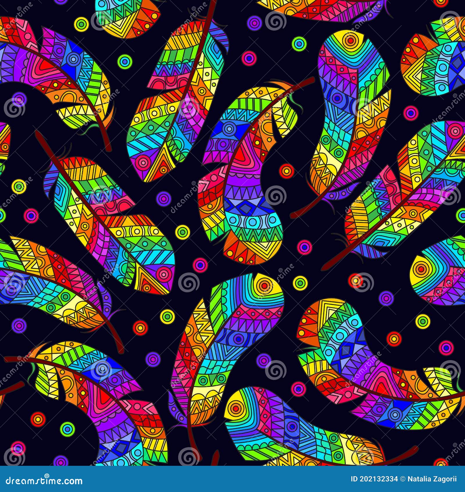 Seamless Illustration with Abstract Bright Rainbow Feathers on a Dark ...