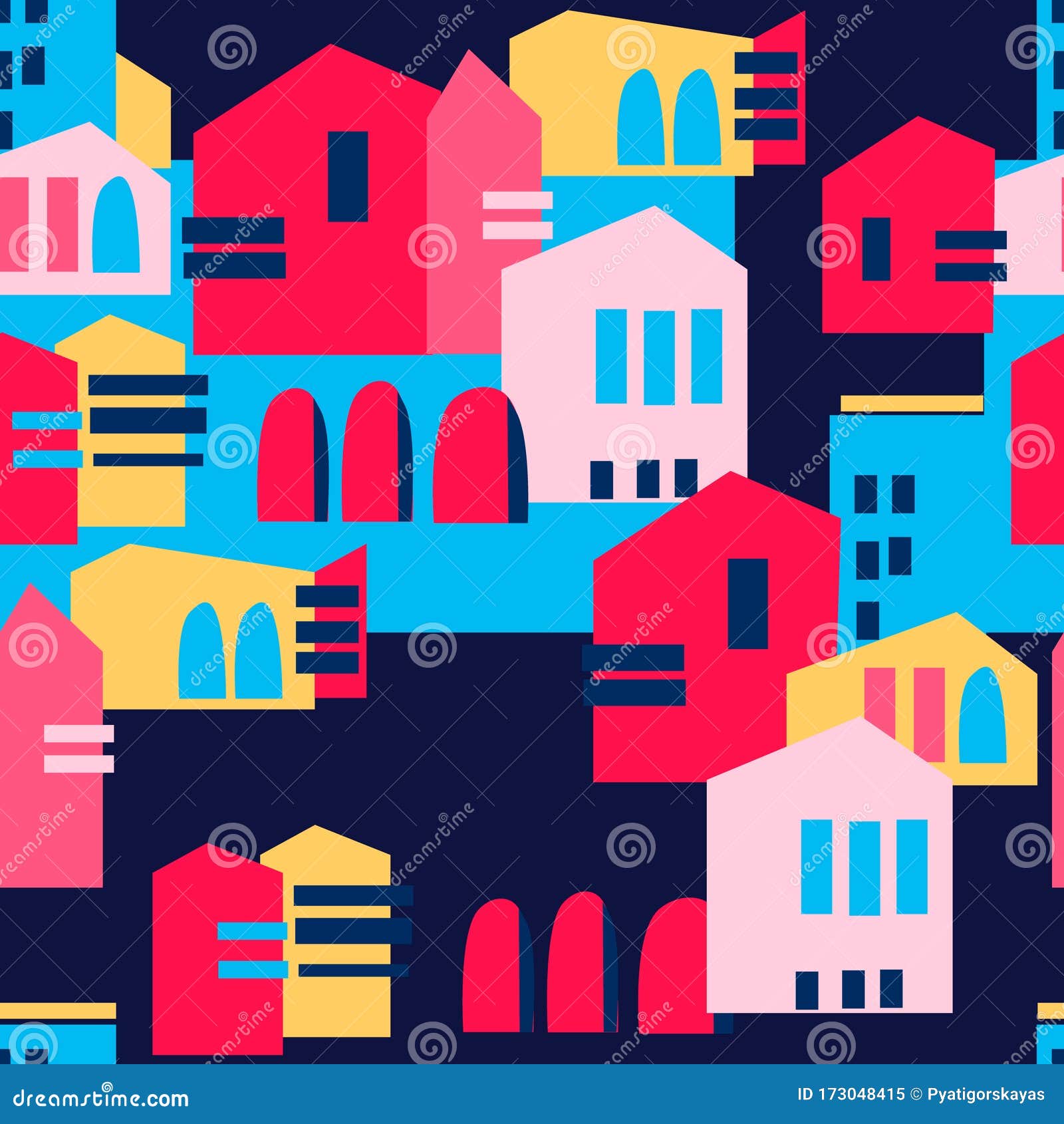 Seamless Pattern, Abstract Colorful Cityscape on Dark Background Stock ...