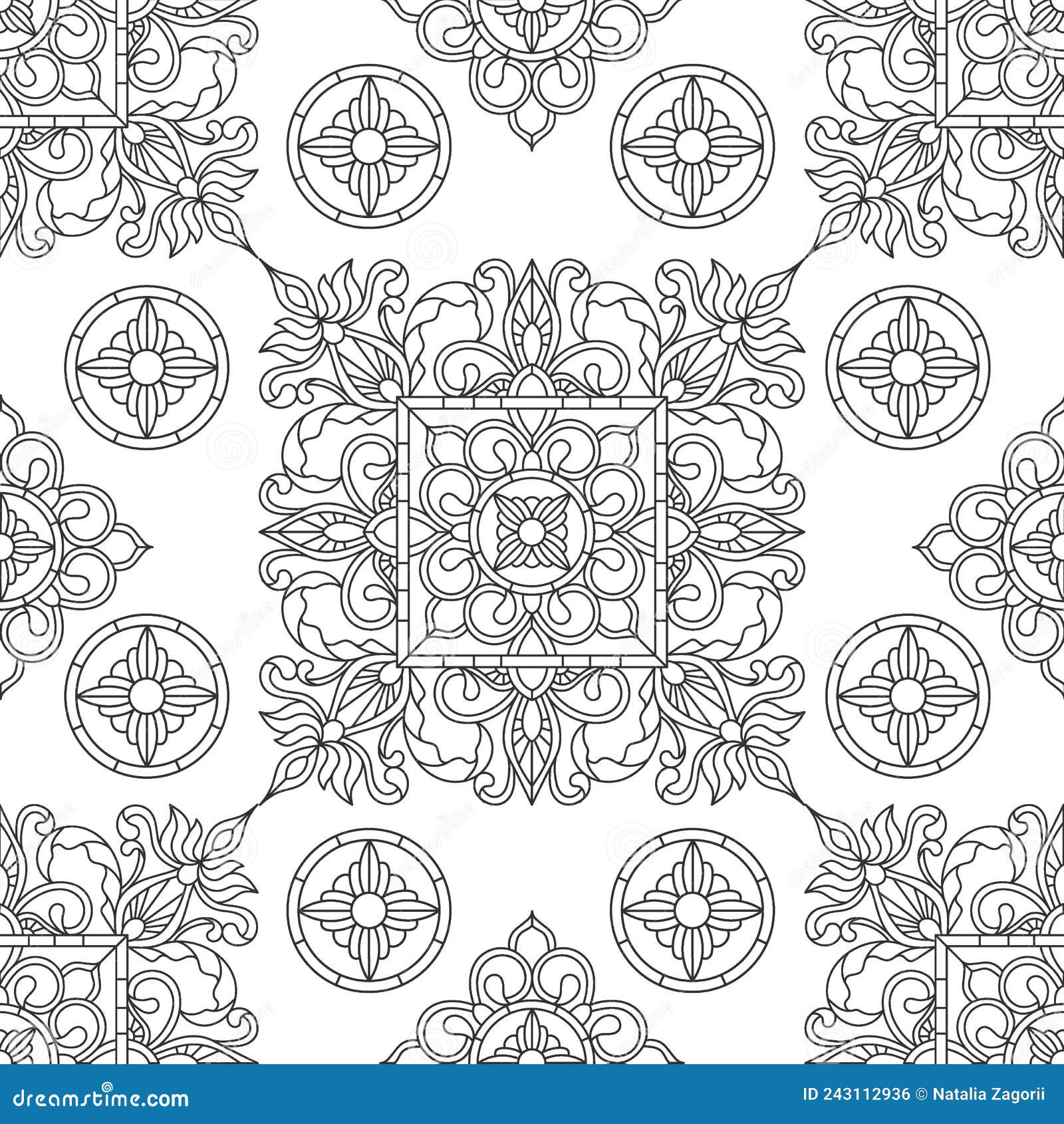 Seamless Illustration with Abstract Dark Contour Patterns and Flowers ...