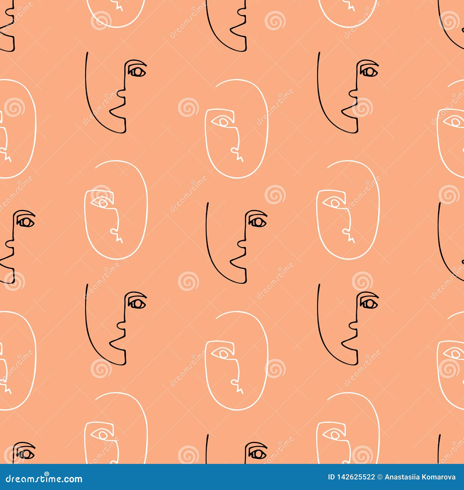 Seamless Pattern with Abstract Faces on Beige Backdrop. Outline ...