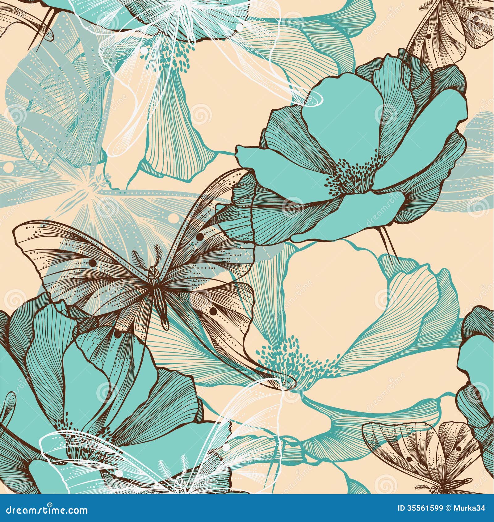 Seamless Pattern Realistic Isolated Flowers Vintage Background Fern ...