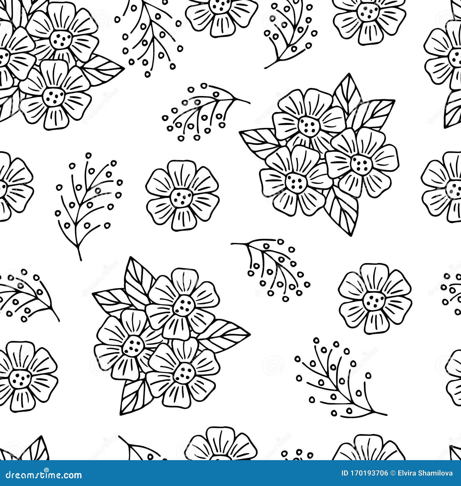 Seamless Pattern with Abstract Hand-drawn Flowers, Coloring Page Stock ...