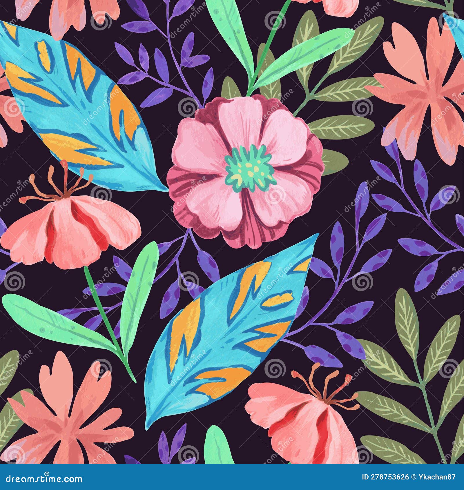 Seamless Pattern with Abstract Pink Flowers and Various Botanical ...