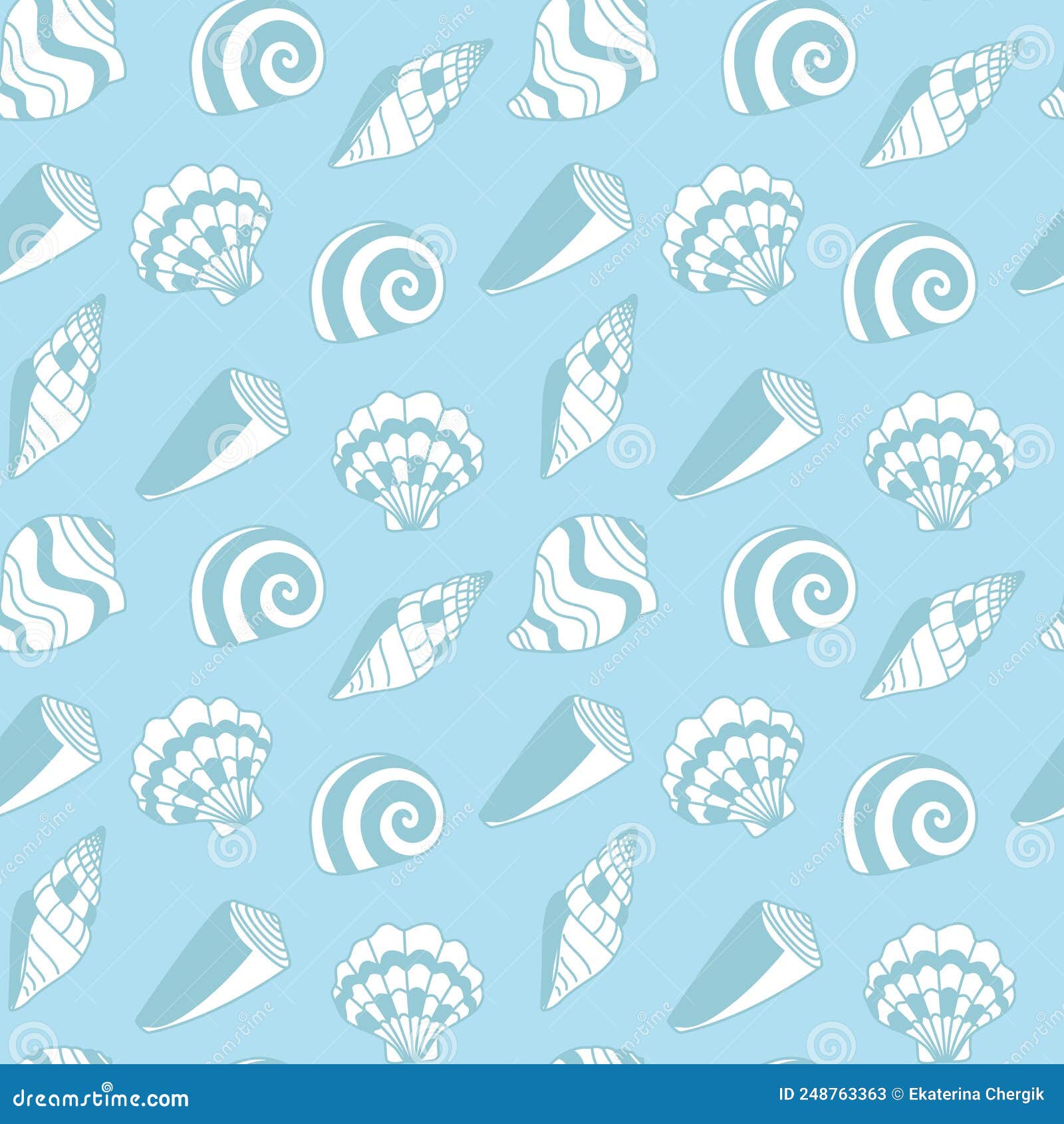 Shells Blue Seamless Pattern. Hand Drawn Sea Life. Vector Background ...