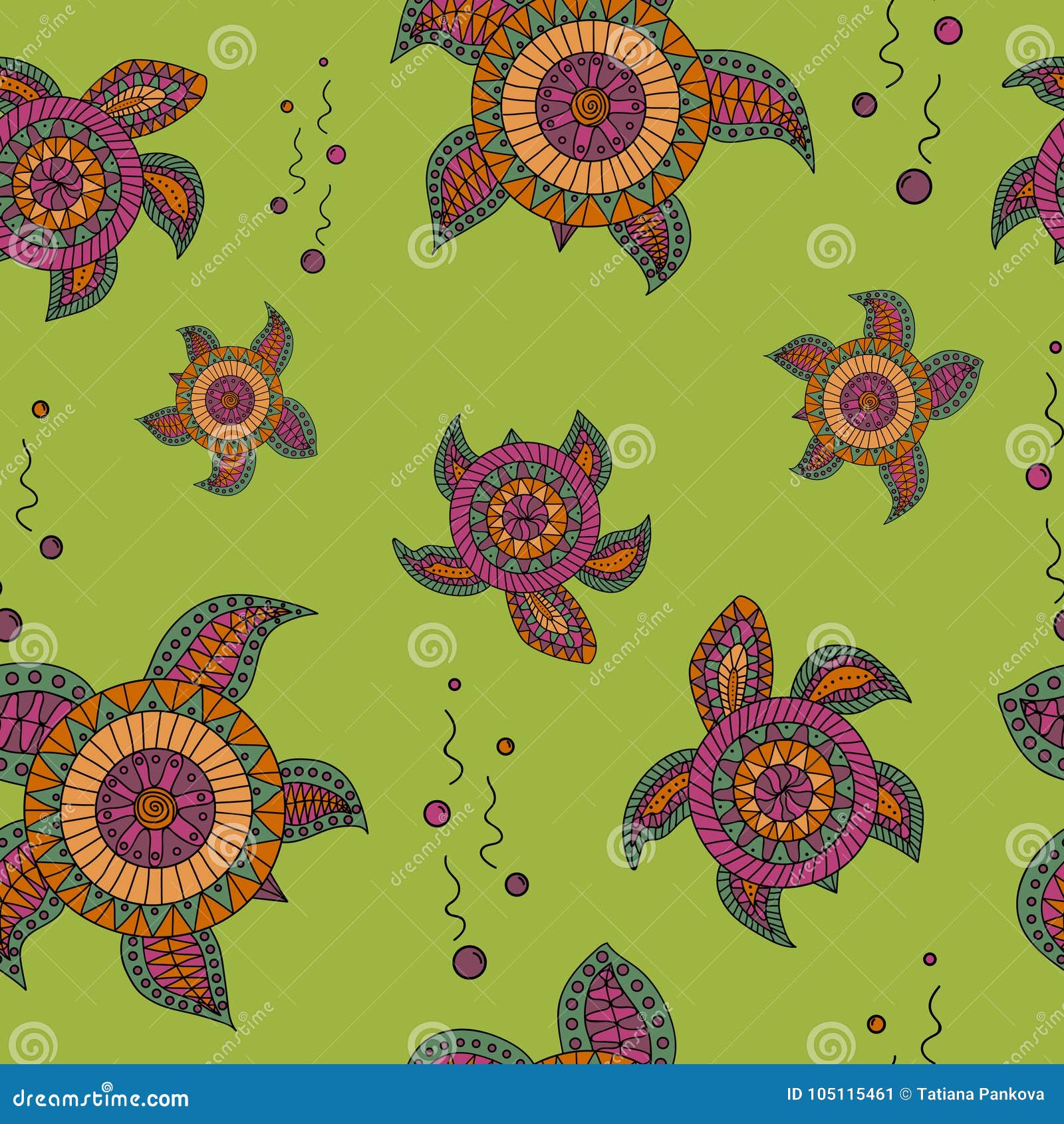 Seamless Pattern with Abstract Turtles in Doodle Style. Stock Vector ...