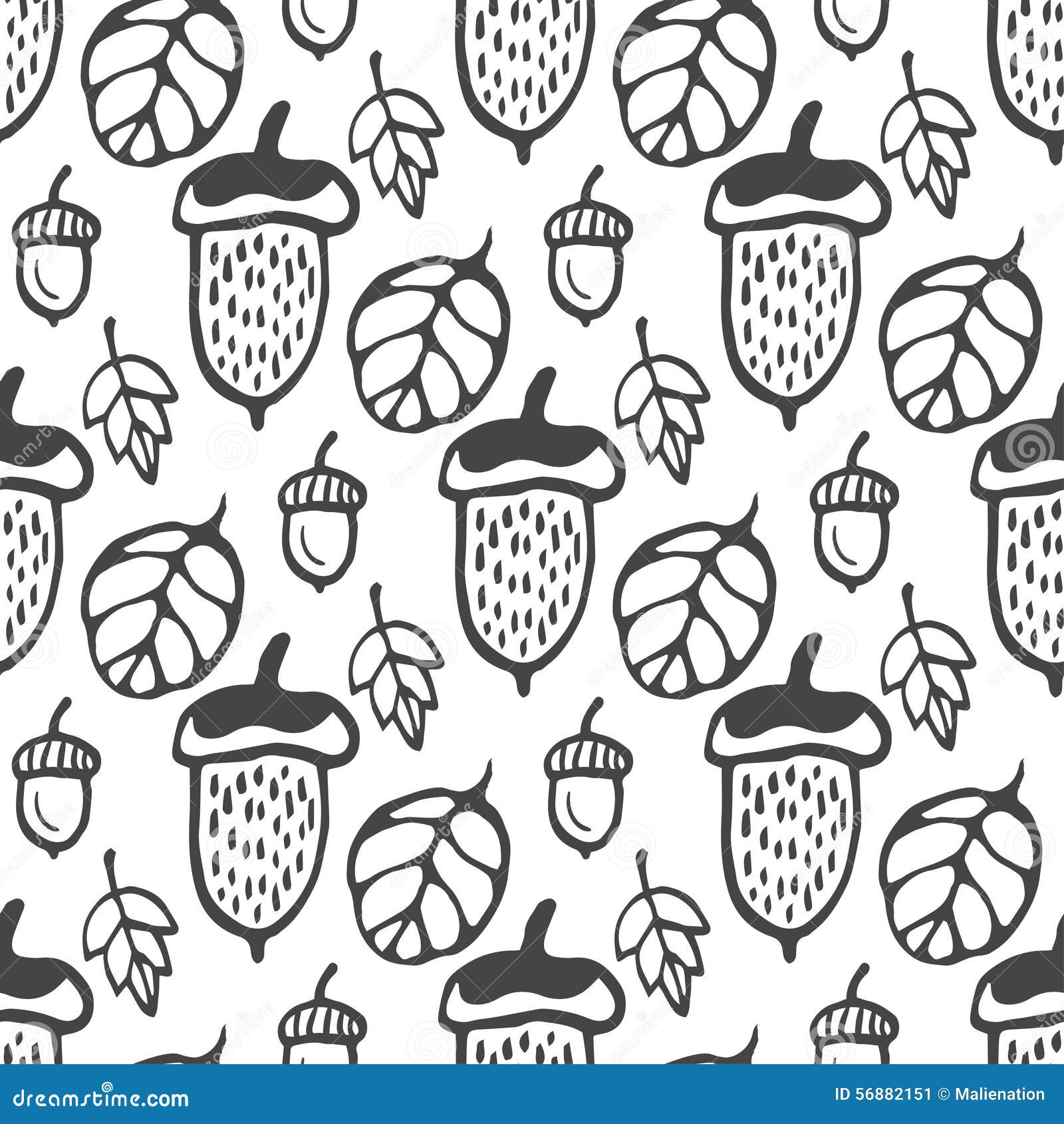 Seamless Pattern with Acorns and Leaves. Hand Drawn Vector Background ...