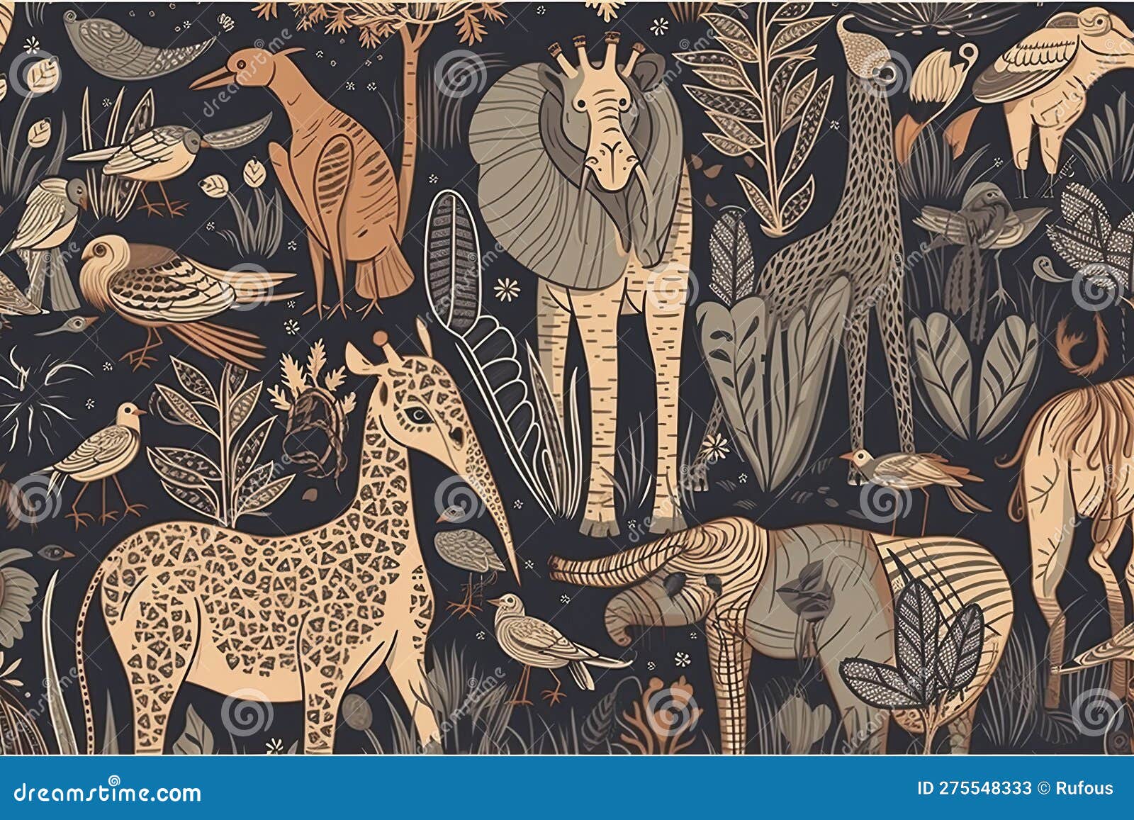Seamless Pattern with African Animals and Birds Stock Illustration ...