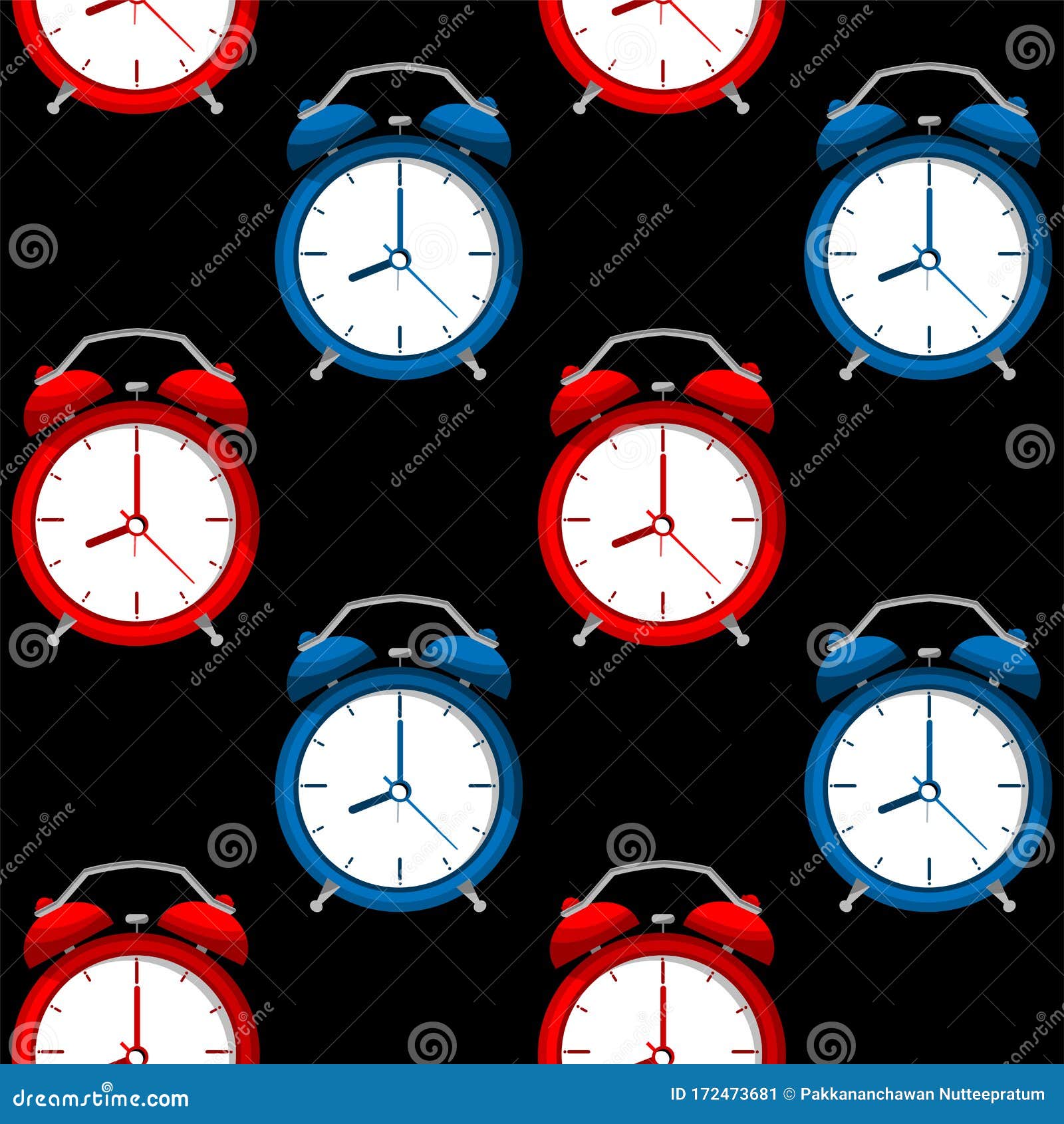 Seamless Pattern of Alarms Clock in Red and Blue Color on Black ...