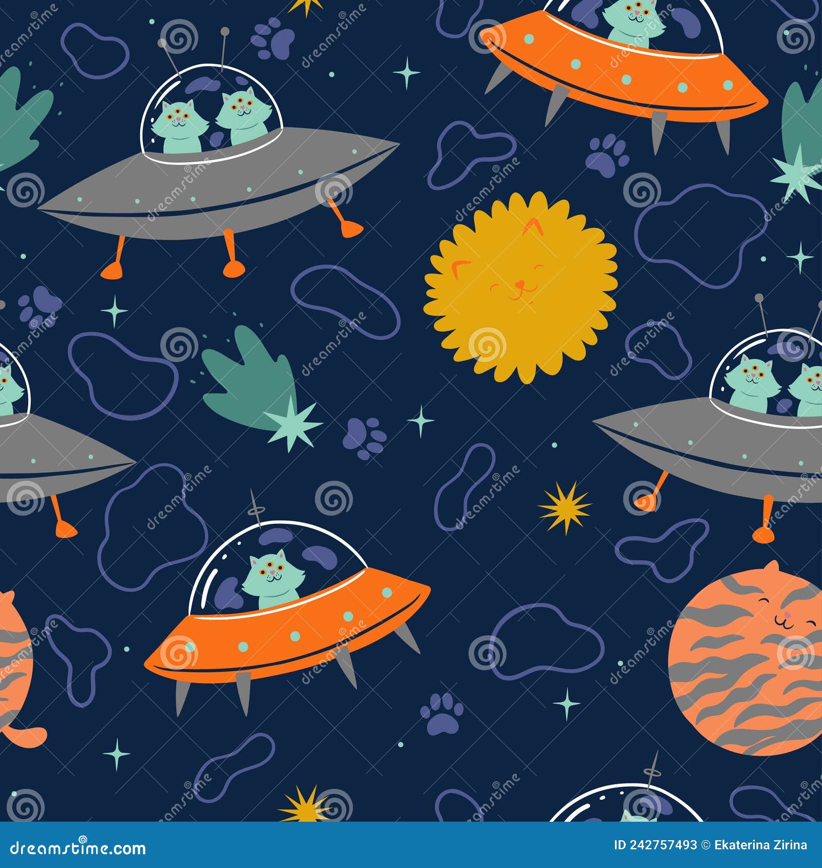 Seamless Pattern with Alien Cats. Vector Graphics Stock Vector ...