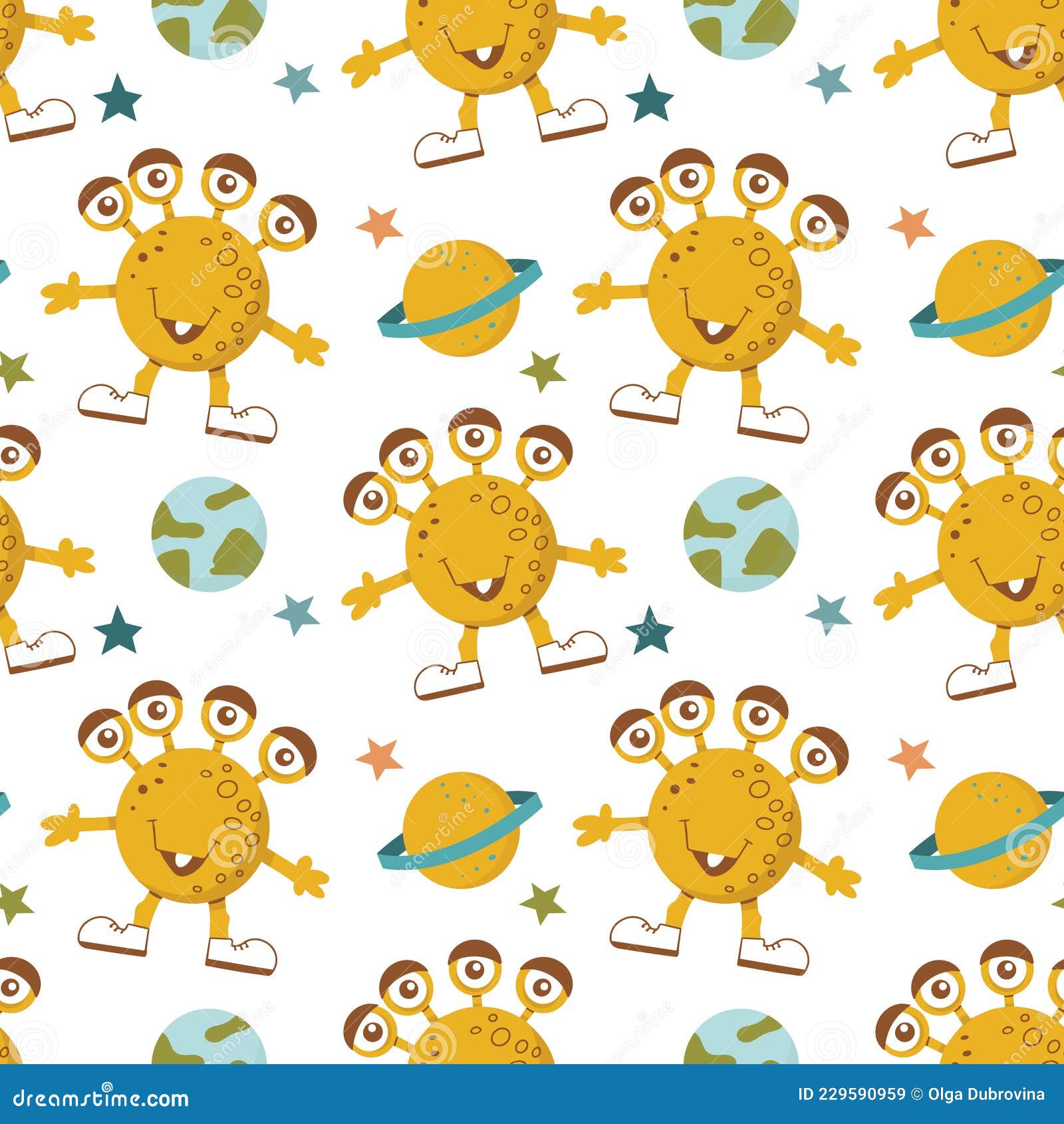 Seamless Pattern of Alien Cute Monsters and Various Planets and ...