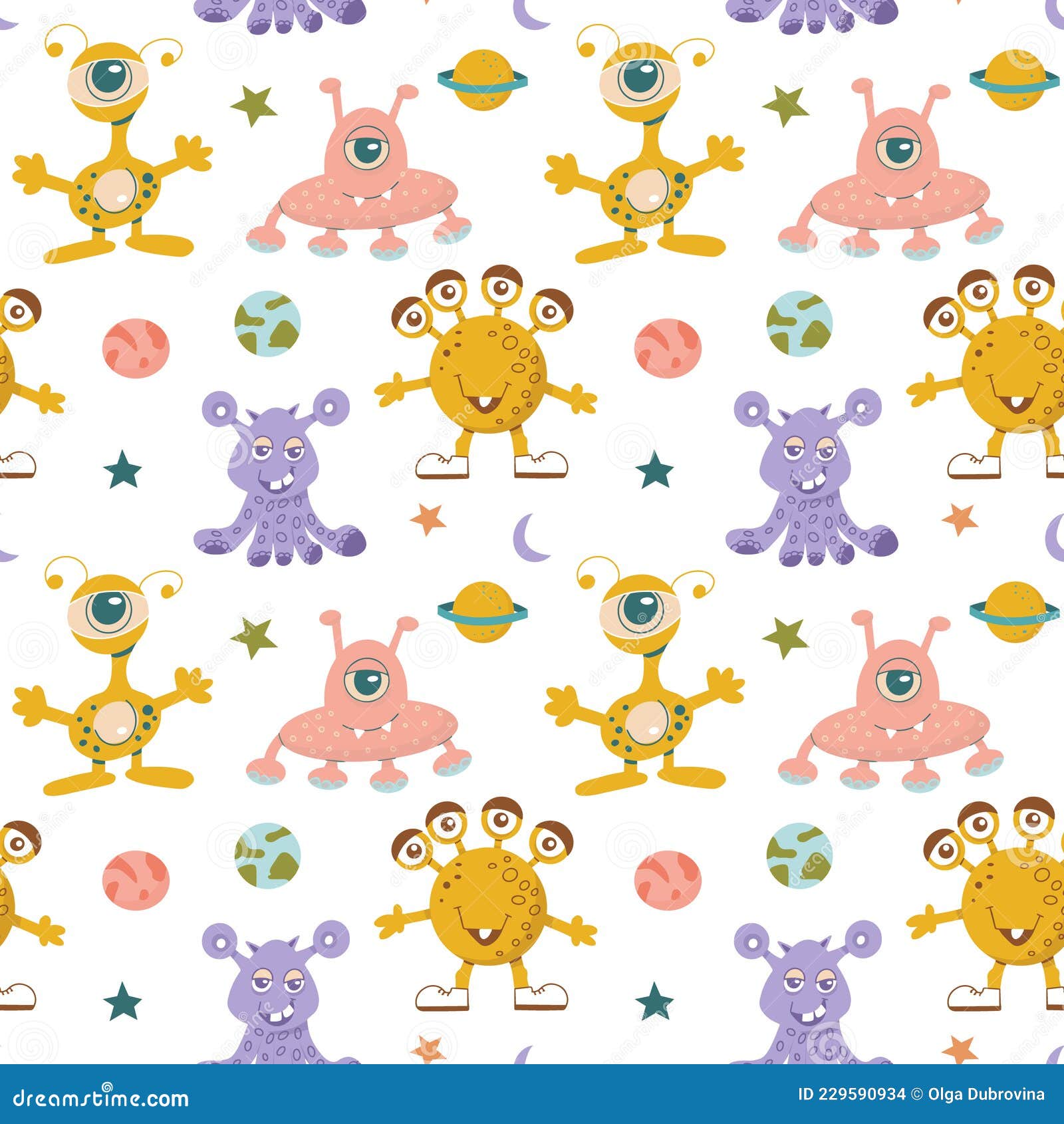 Seamless Pattern of Alien Cute Monsters and Various Planets and ...