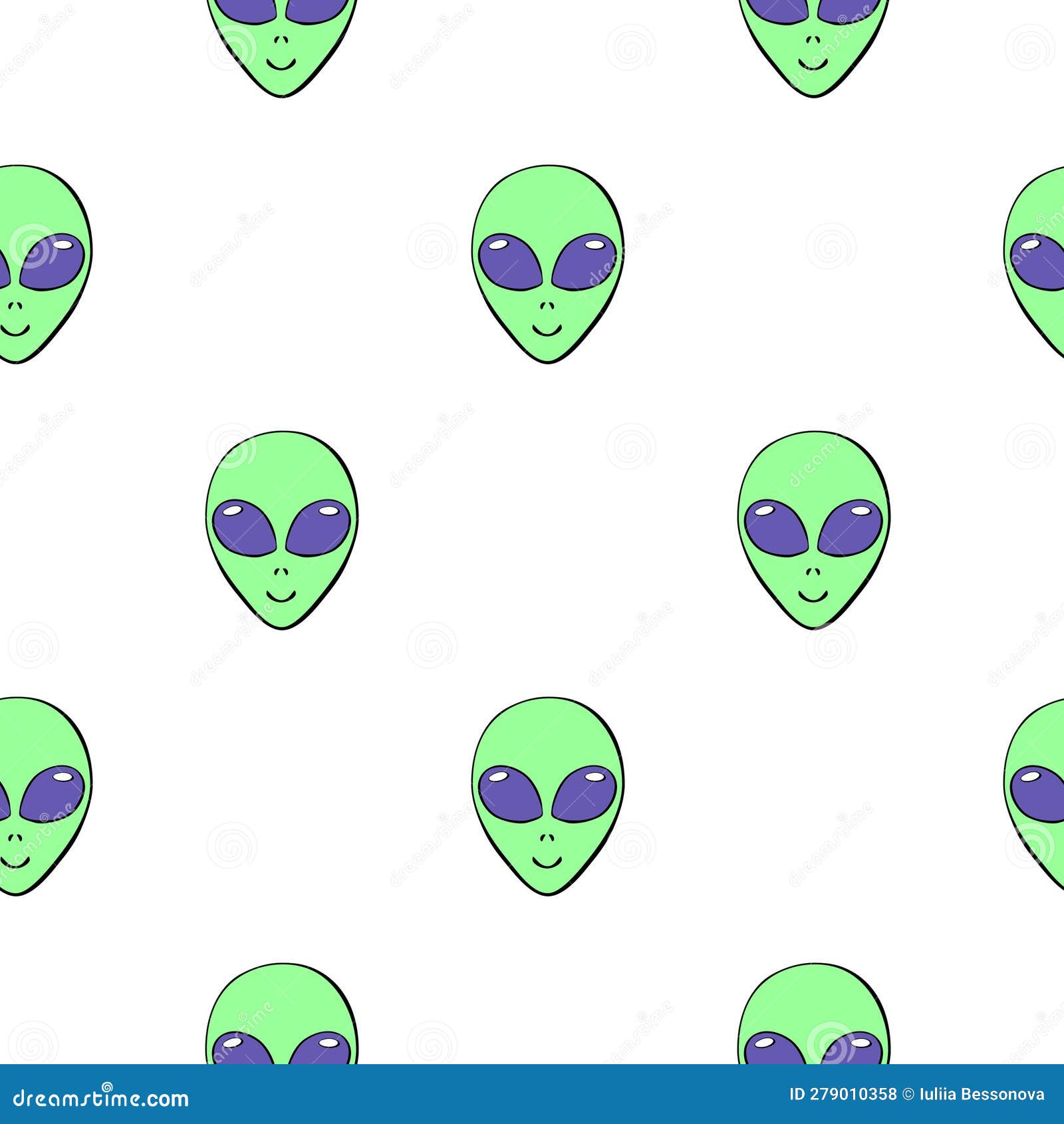 Seamless Pattern with Aliens Green Heads in Doodle Flat Style ...