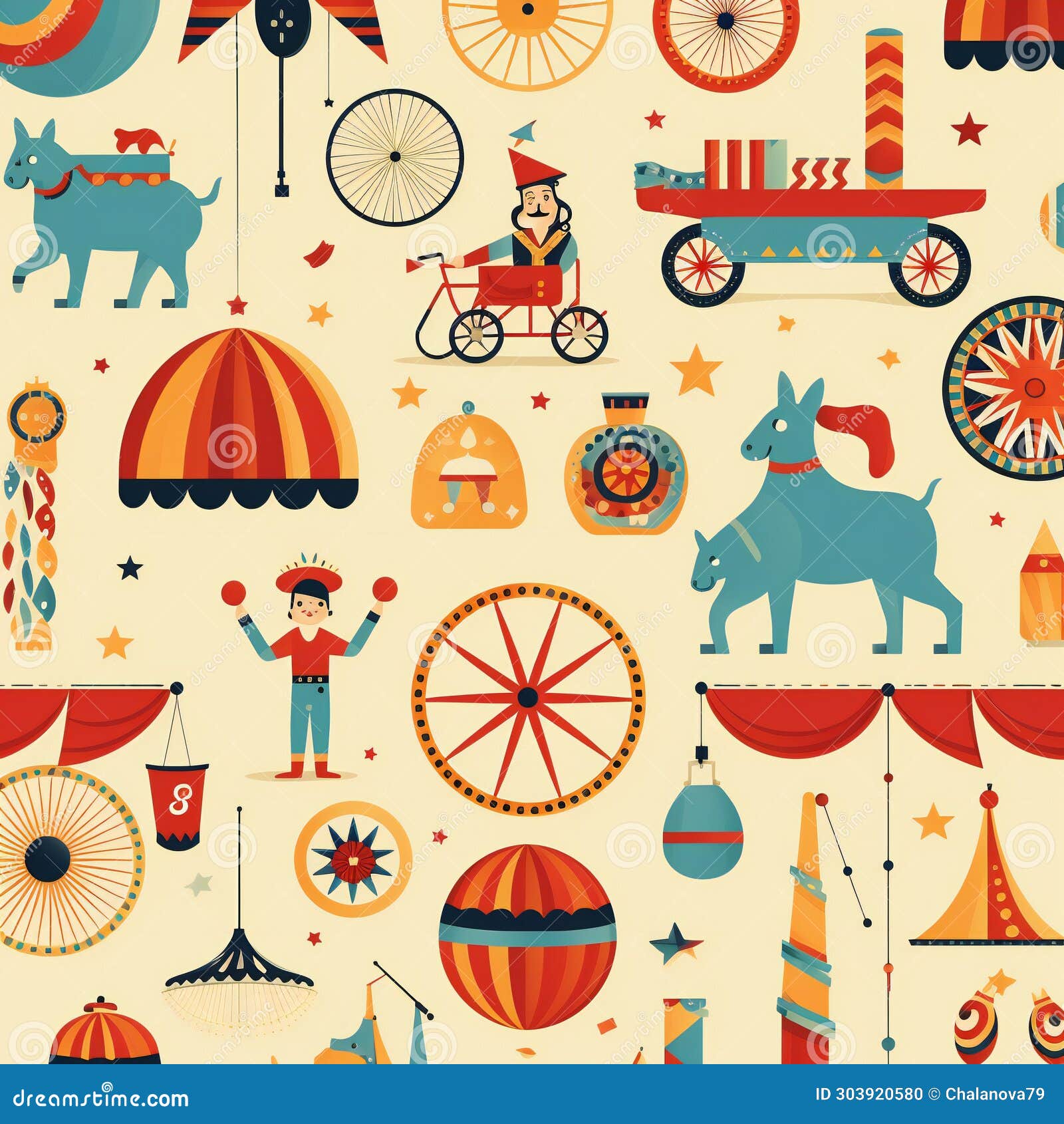 Seamless Pattern Amusement Park or Circus Illustrations. Vintage Fair ...