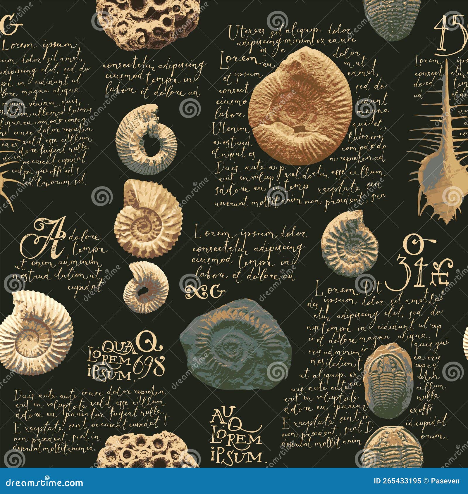 Seamless Pattern with Ancient Ammonite Shells and Trilobites Stock ...