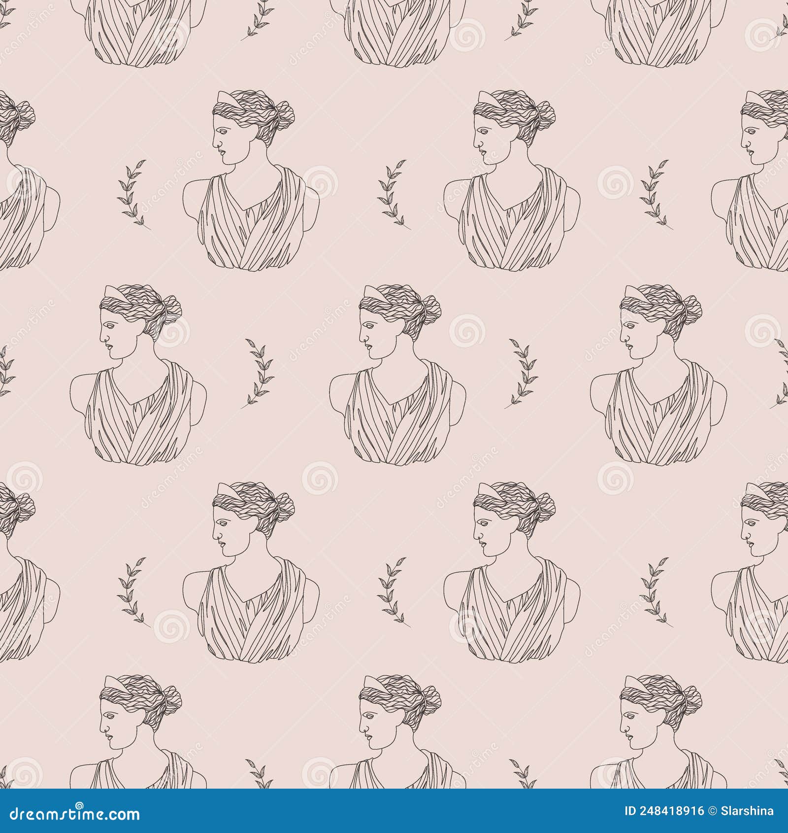 Seamless Pattern with Ancient Greek Sculptures. Linear Head of Artemis ...