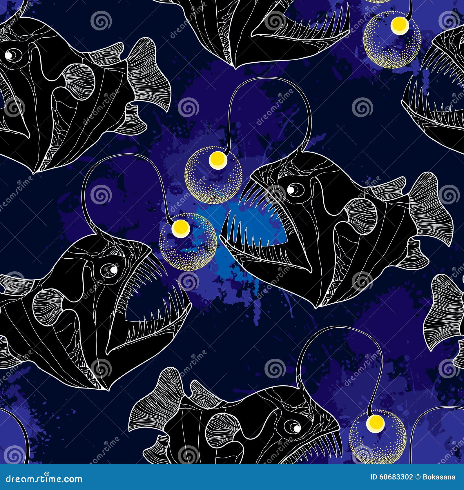 Seamless Pattern with Angler Fish or Monkfish and Blue Blots Stock ...
