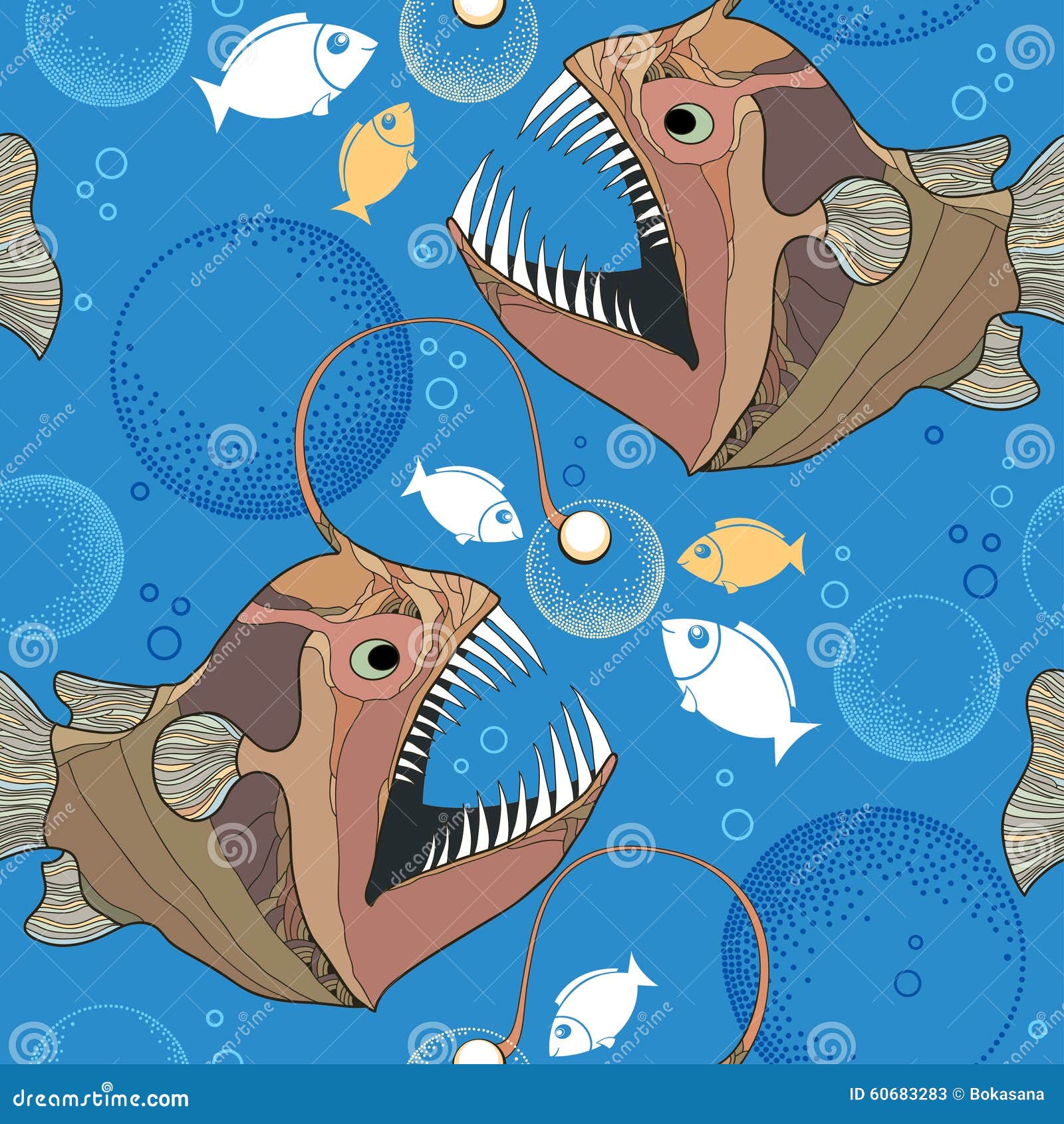 Seamless Pattern with Angler Fish or Monkfish and Bubbles Stock Vector ...