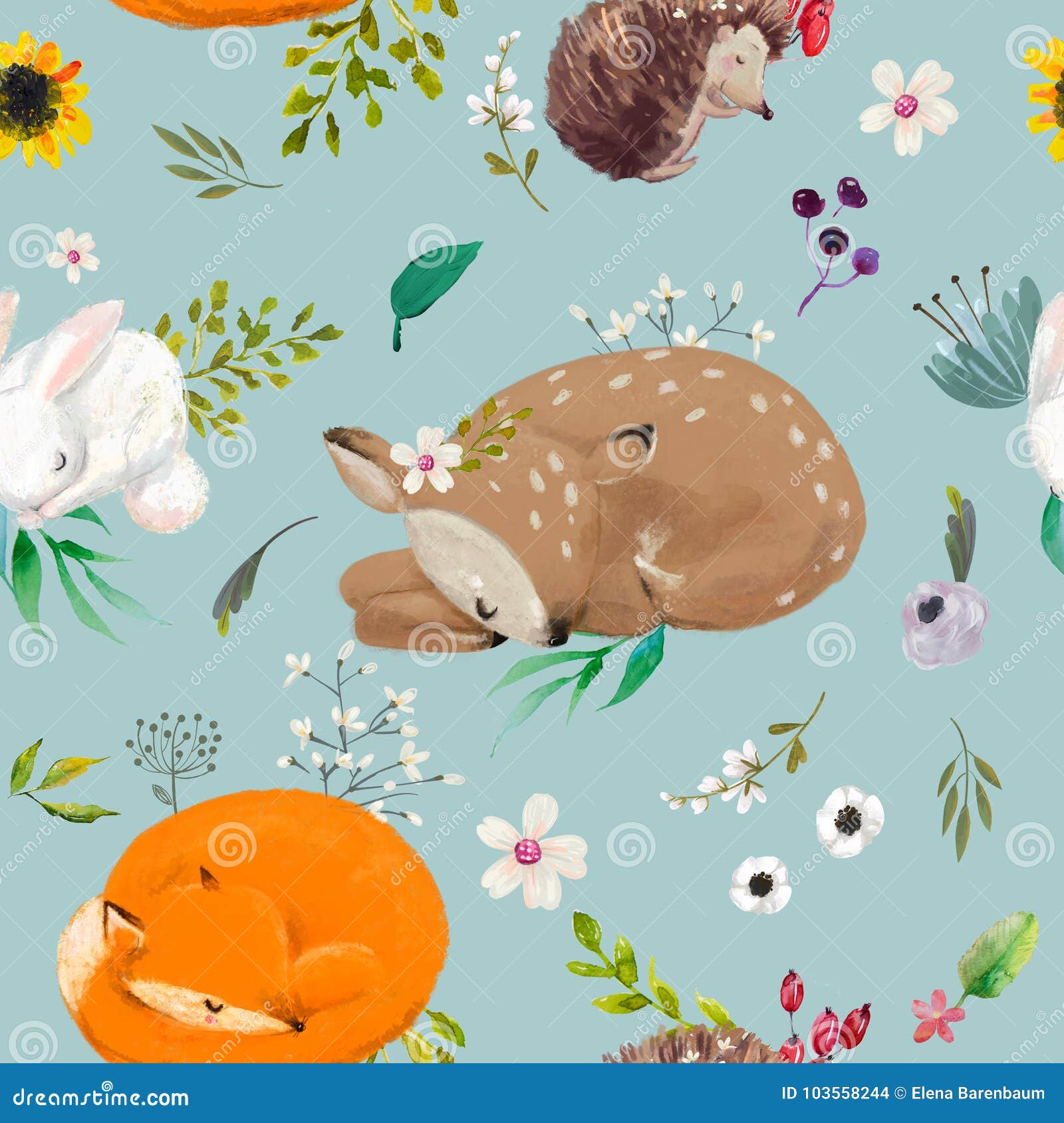 Seamless Pattern with Animals with Flowers Stock Illustration ...