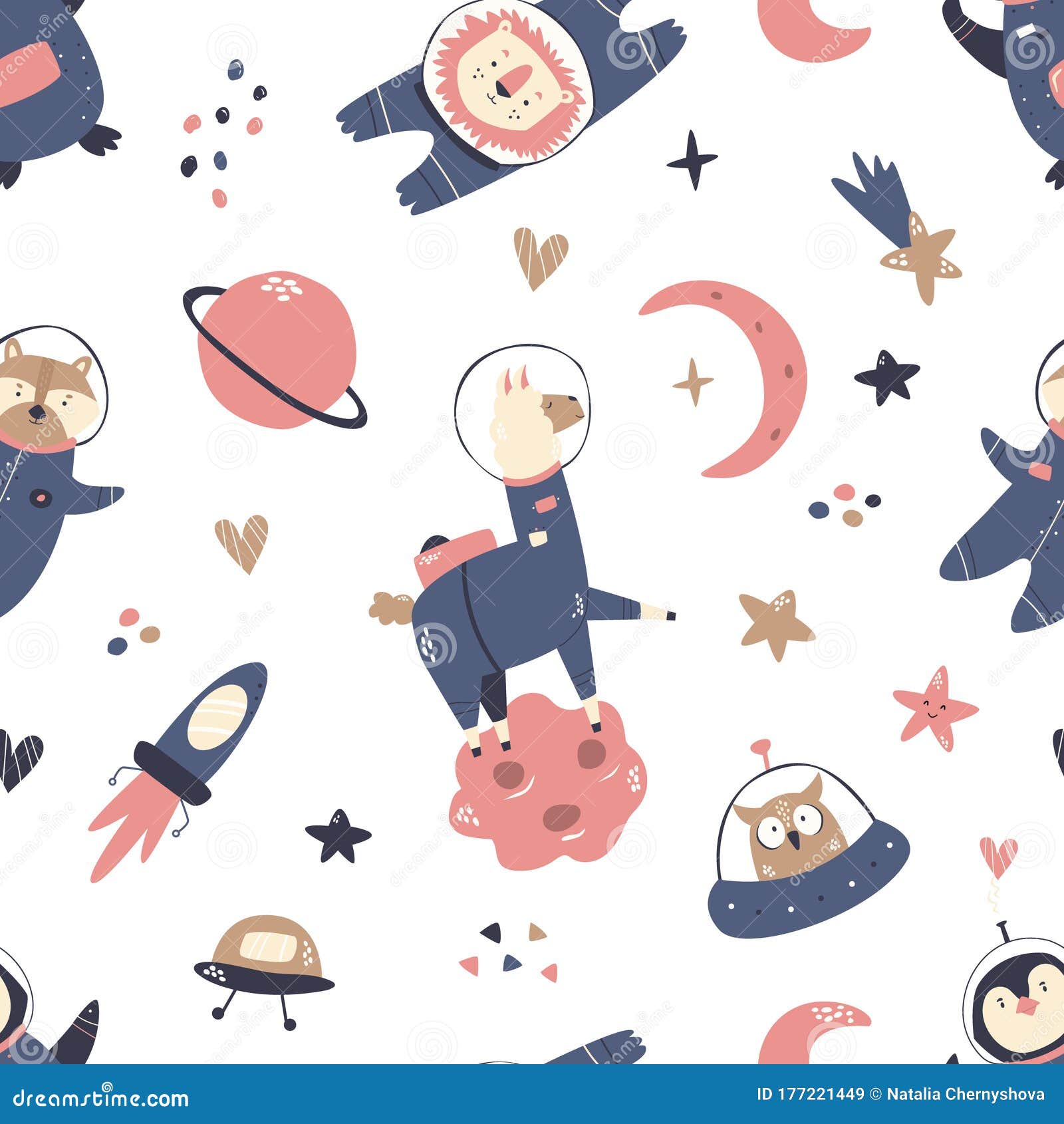 Seamless Pattern with Animals and Space Elements Stock Vector ...