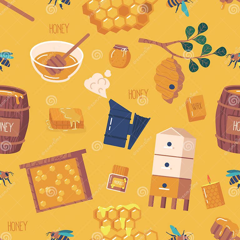Seamless Pattern with Apiary Items Features Bees, Hives, Frame, Wax and ...