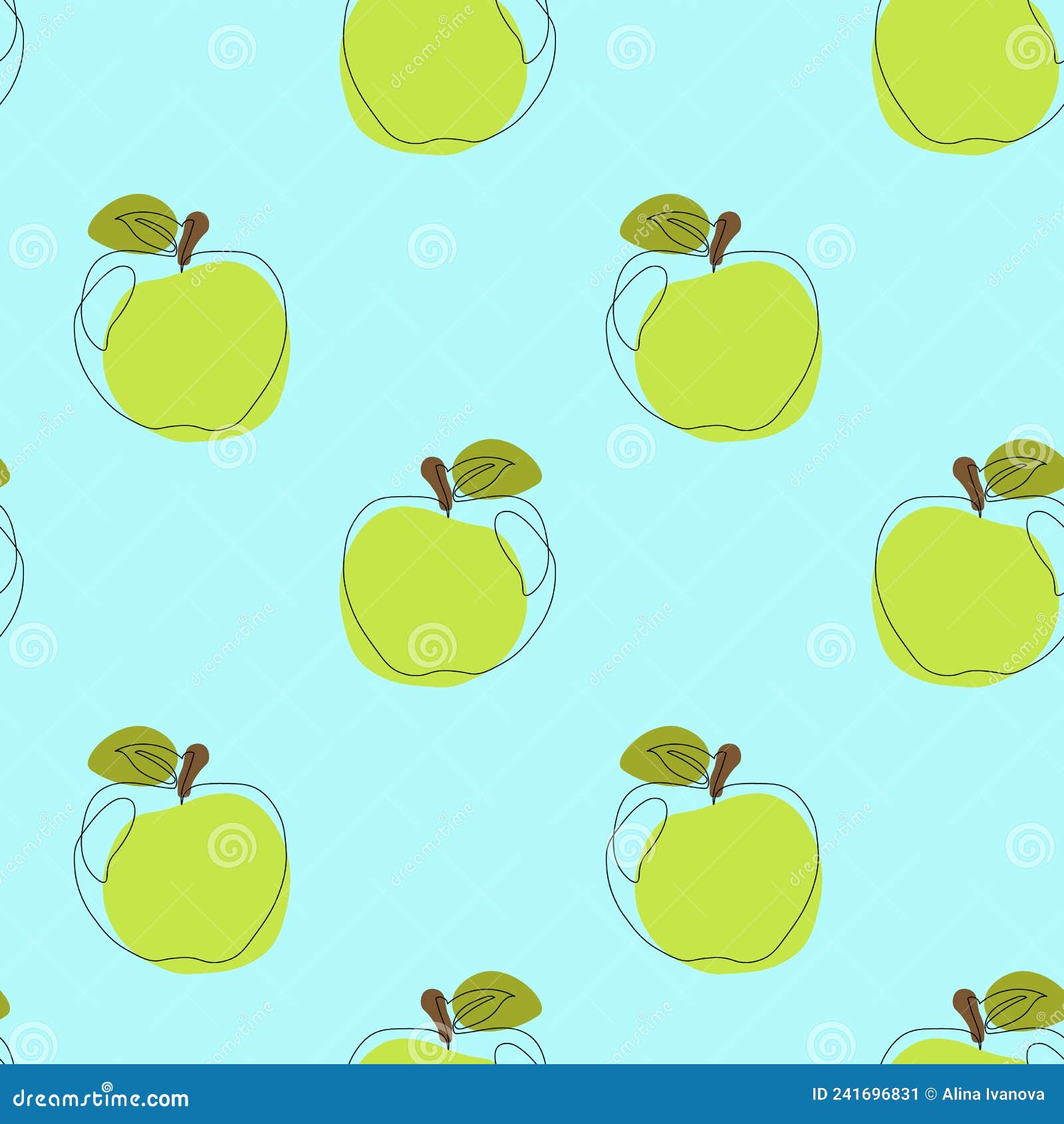 Seamless Pattern With Apple On Blue Background Continuous One Line