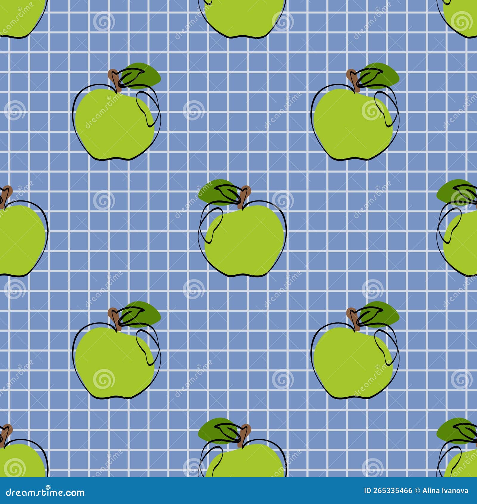 Seamless Pattern With Apple On Blue Background Continuous One Line