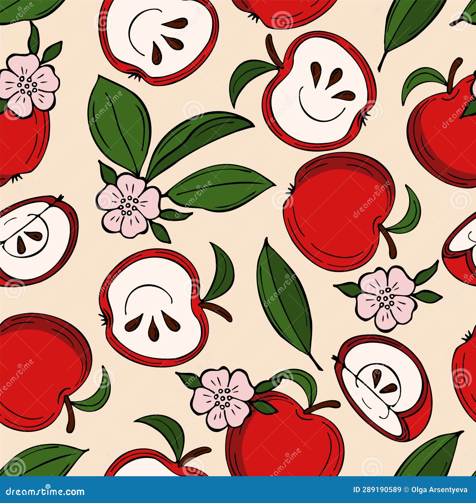 Seamless Pattern with Apples, Apple Slices, Blossom, Green Leaves on a ...