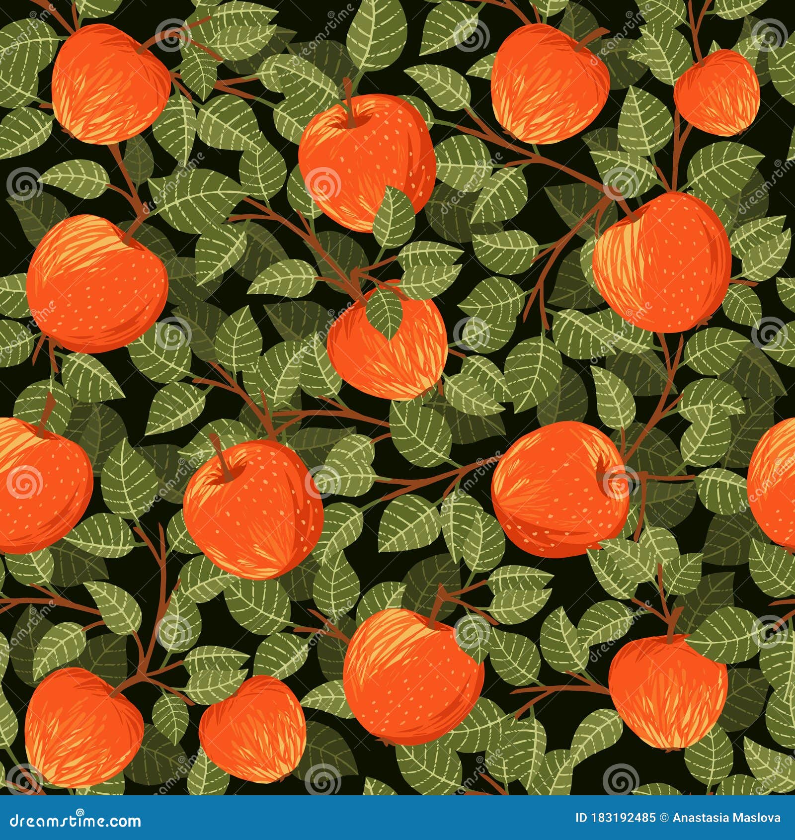 Seamless Pattern of Apples with Green Leaves Flat Vector Illustration ...