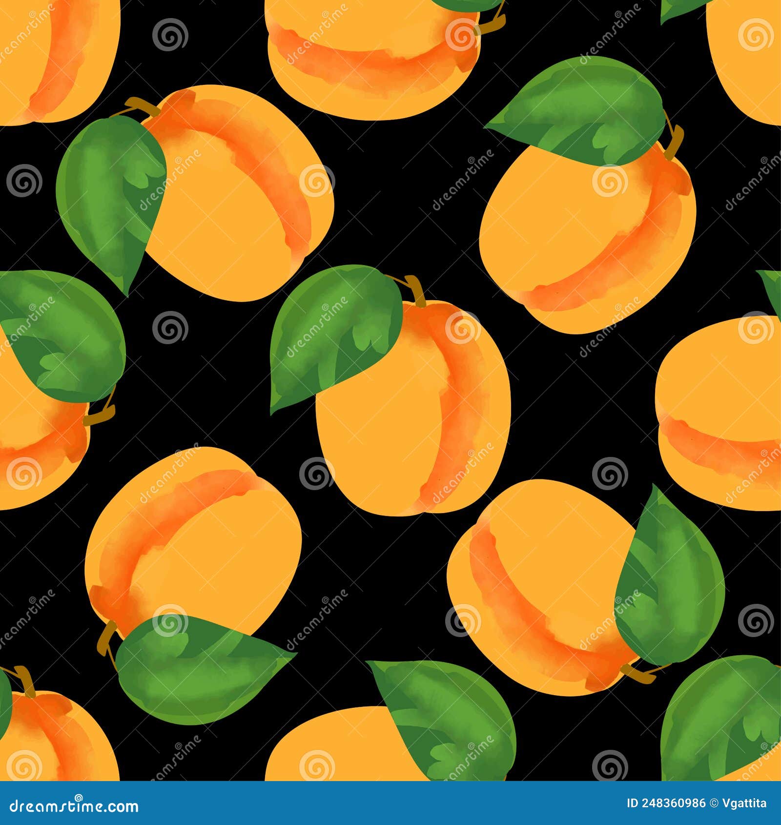 Seamless Pattern with Apricot Illustration on Black Background Stock ...