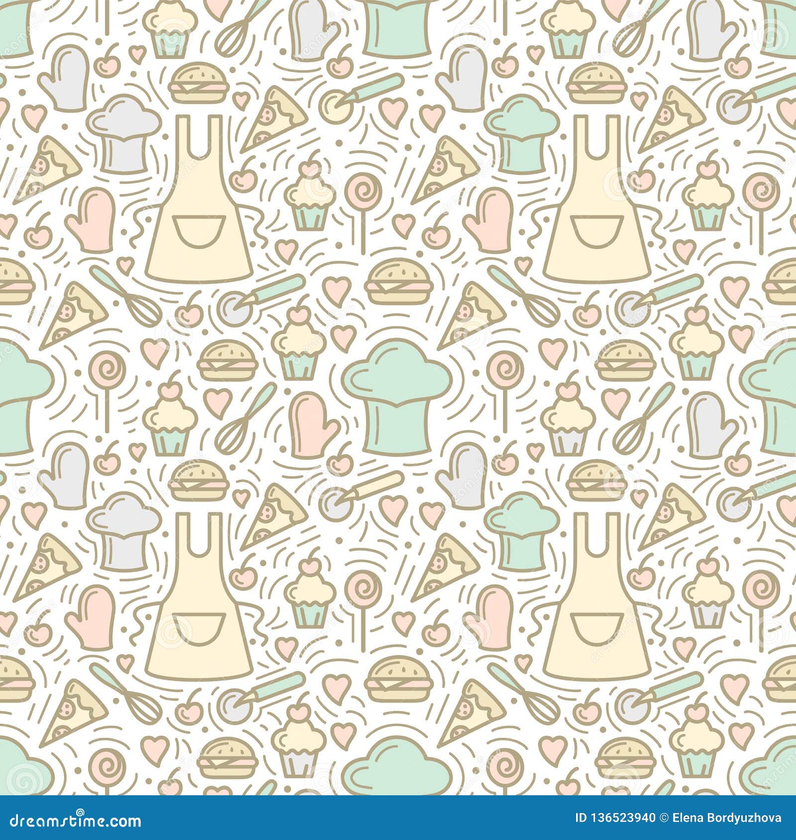 Seamless Pattern with Aprons, Cook Caps, Kitchen Elements and Meal ...