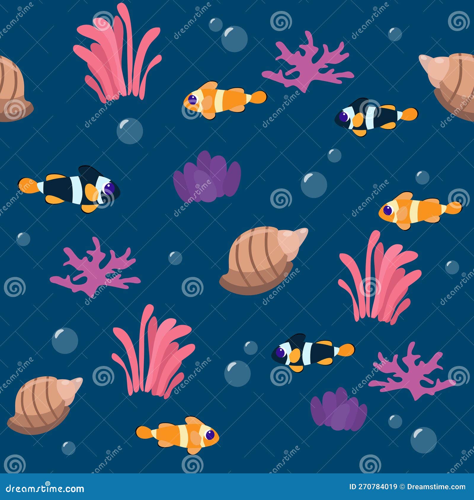 Seamless Pattern Aquarium Fish or Marine Next To Algae, Shells and ...